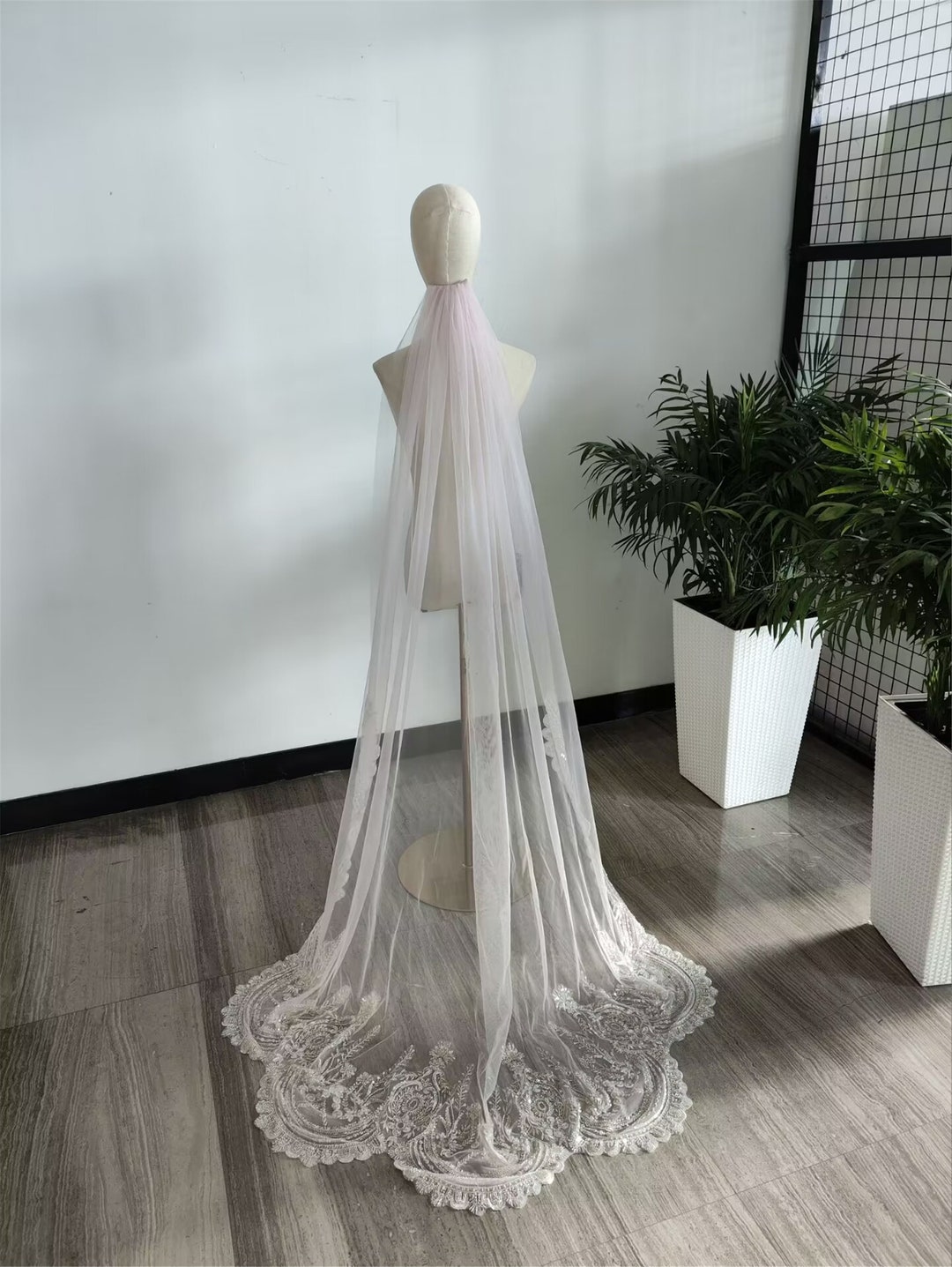Fairy Pink Tulle Wedding Veil, Sequined Beaded Lace Veil With Comb ...