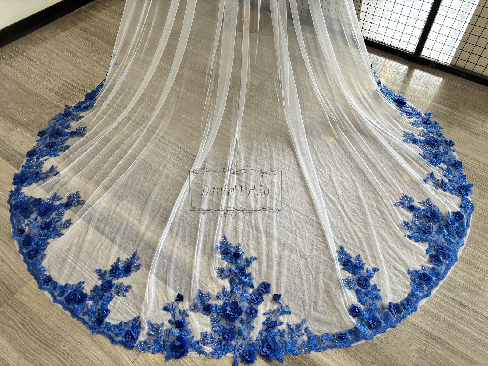 Vintage Royal Blue Floral Lace Wedding Veil, Long Cathedral Veil, 3D ...