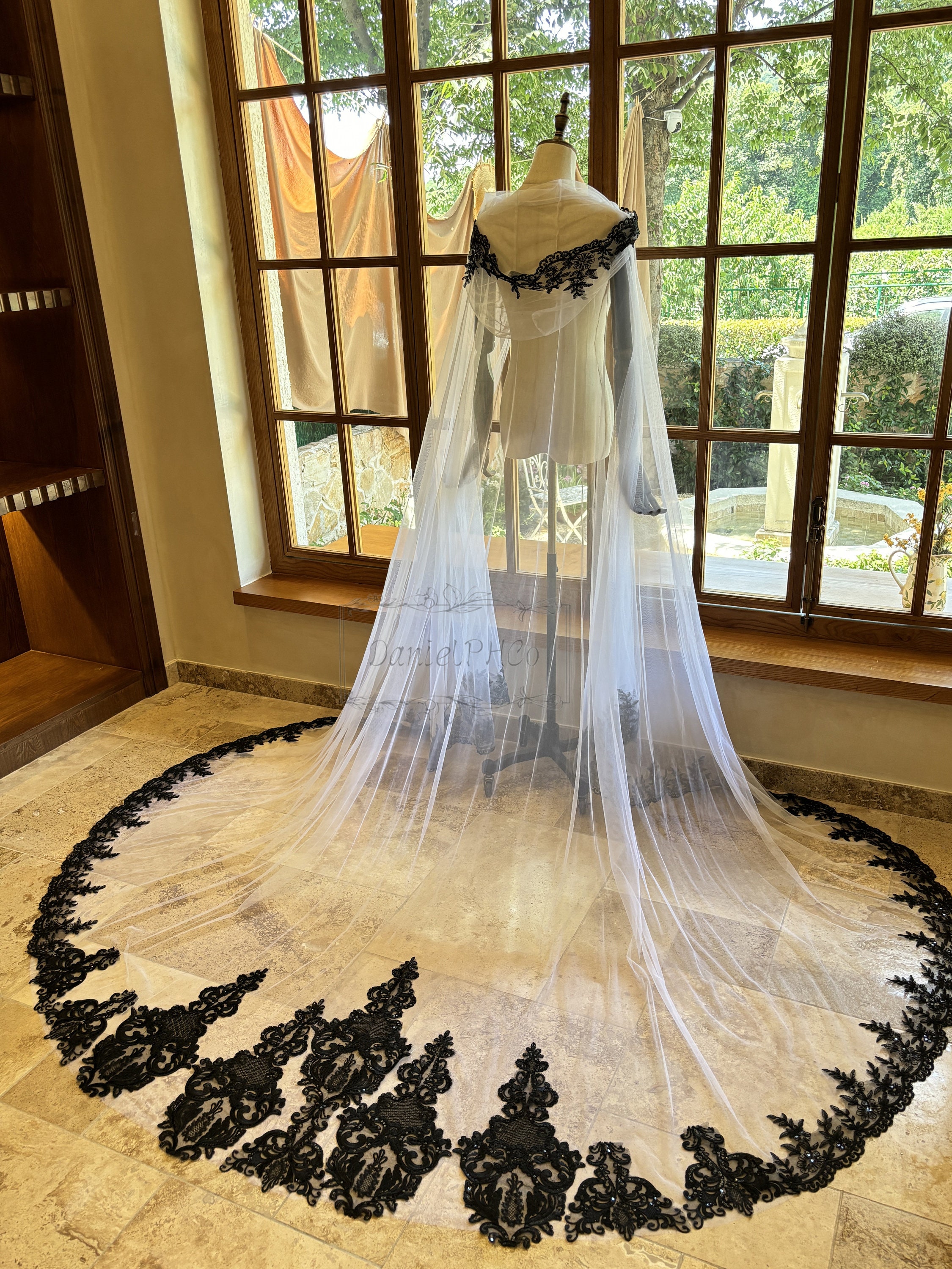 Black Lace Cape Veil/ Sequined Lace Wedding Cape/ Gothic Bridal Hooded ...
