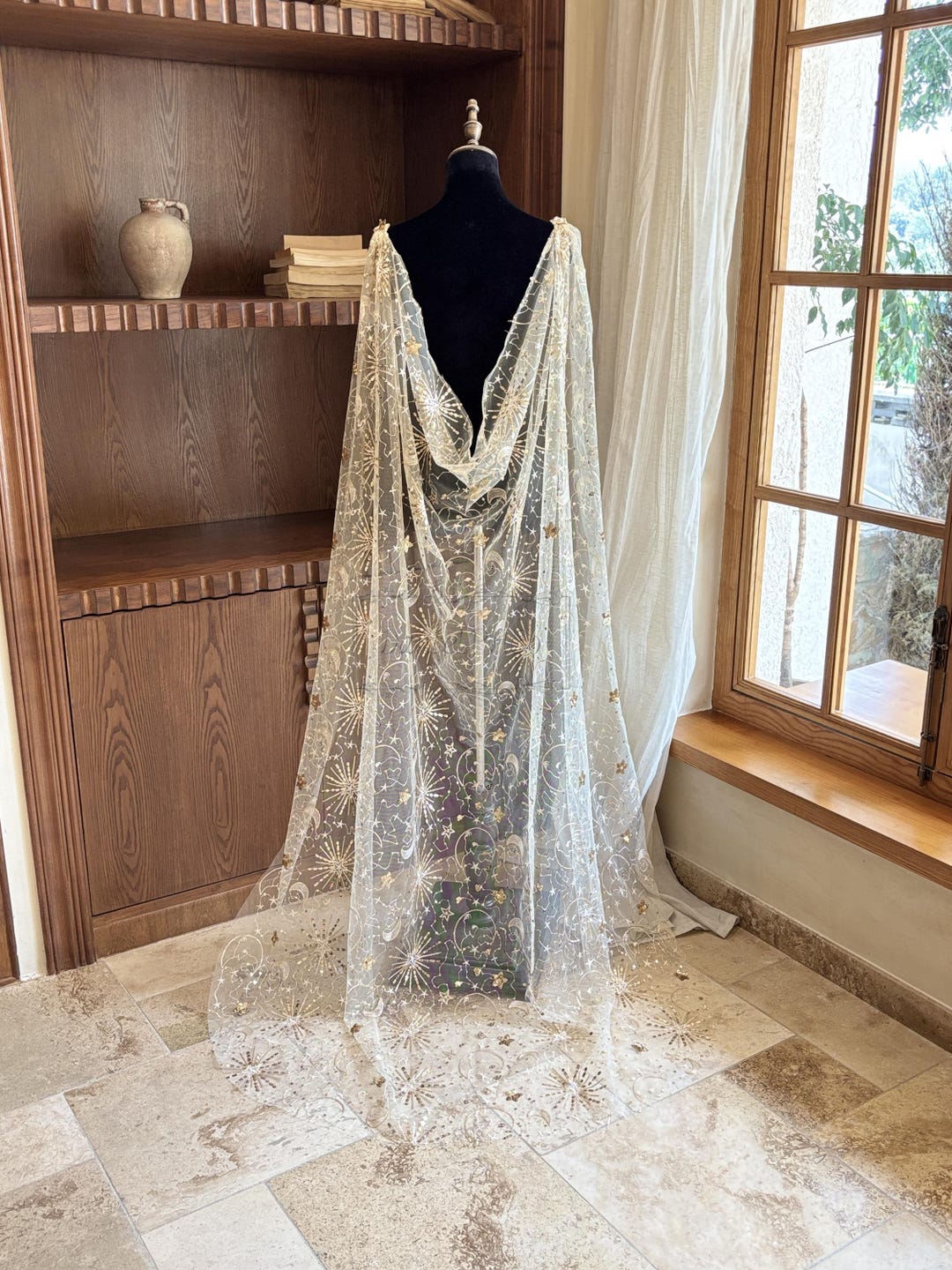 Sparkly Gold Star Moon Cape Veil, Sequined Star Bridal Wedding Cape ...