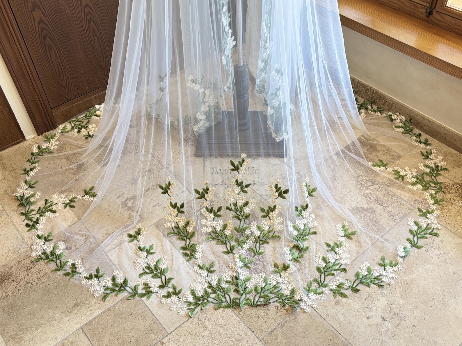 Flower Lace Edge Wedding Cape Veil With Hood, Green Leaf White Flower ...
