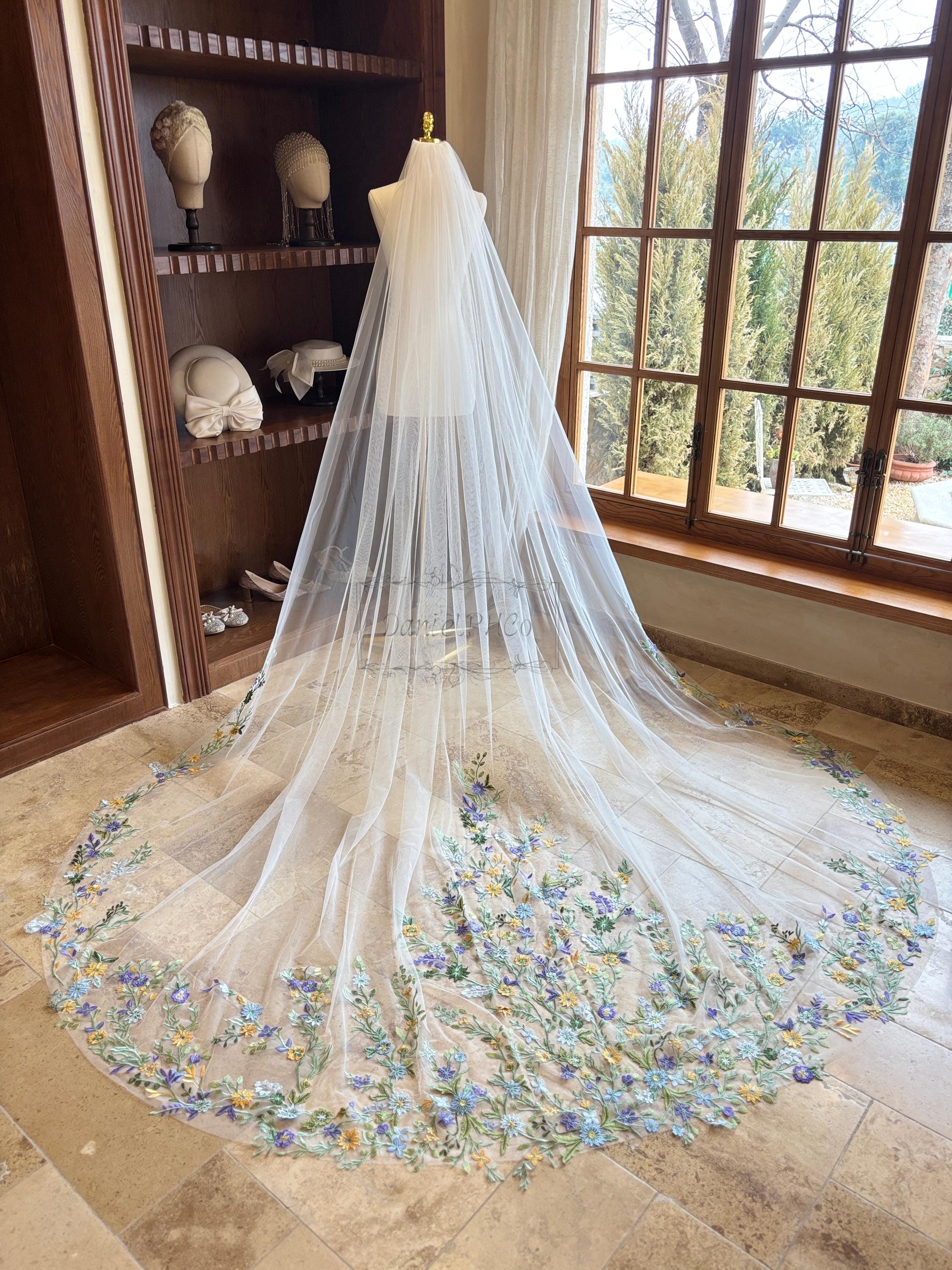 Retro Vines Wedding Veil, Colourful Flower Veil, Blue Yellow Purple ...