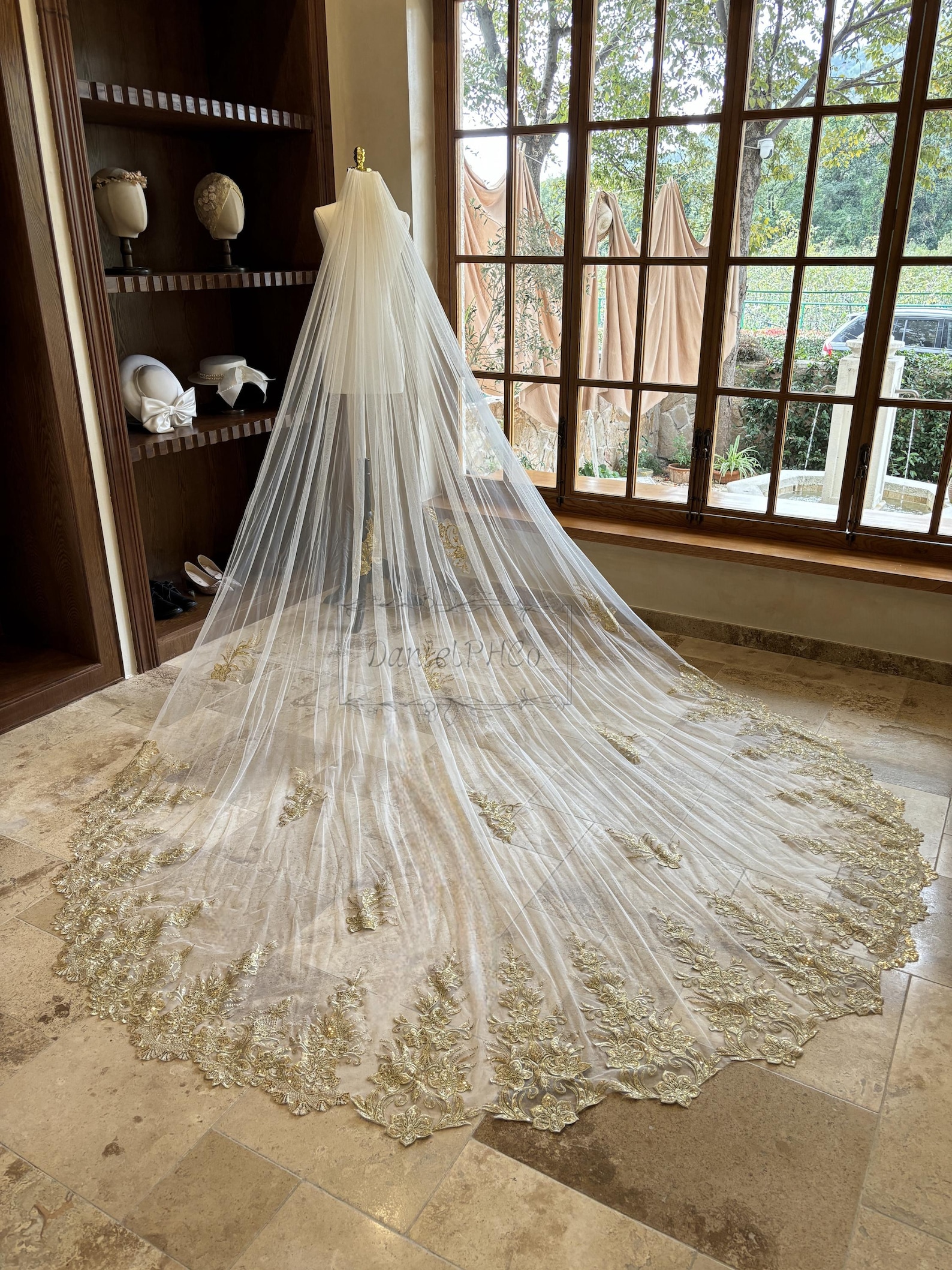 Gold Sequined Lace Wedding Veil, Long Cathedral Veil, Romantic Bridal ...