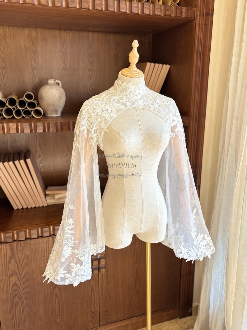 Elegant Sequined Bridal Bolero, Floral Lace High Neck Wedding Cover Up ...