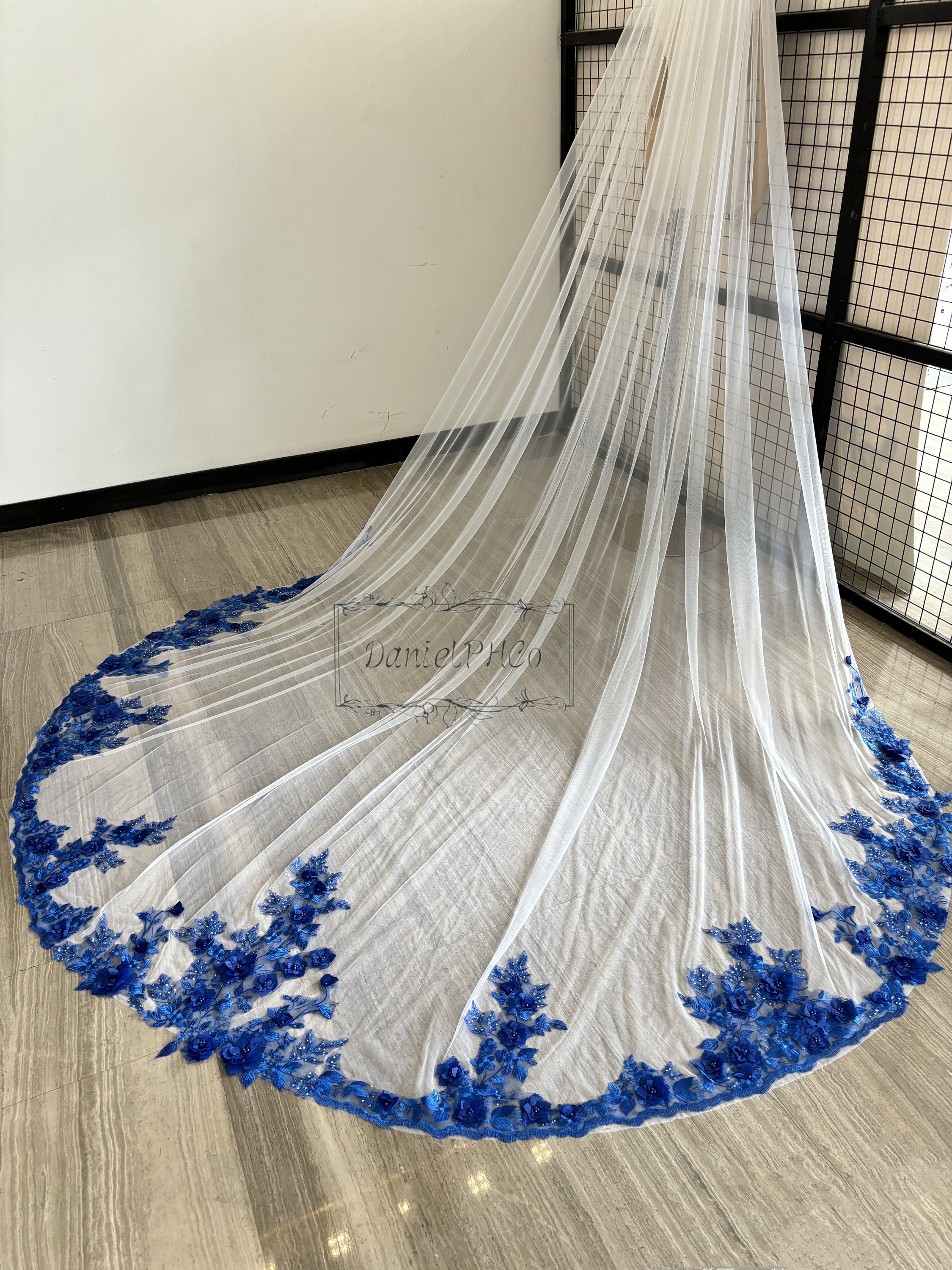 Vintage Royal Blue Floral Lace Wedding Veil, Long Cathedral Veil, 3D ...