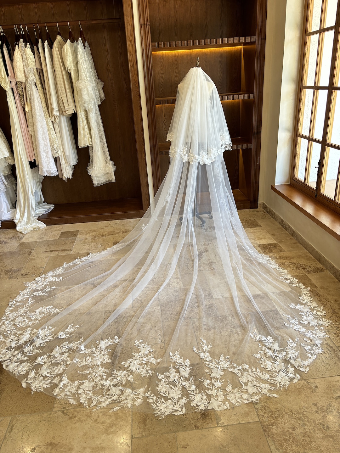 Floral Lace Edge Wedding Veil, Vintage Blusher Veil, Ivory Tulle Bridal ...
