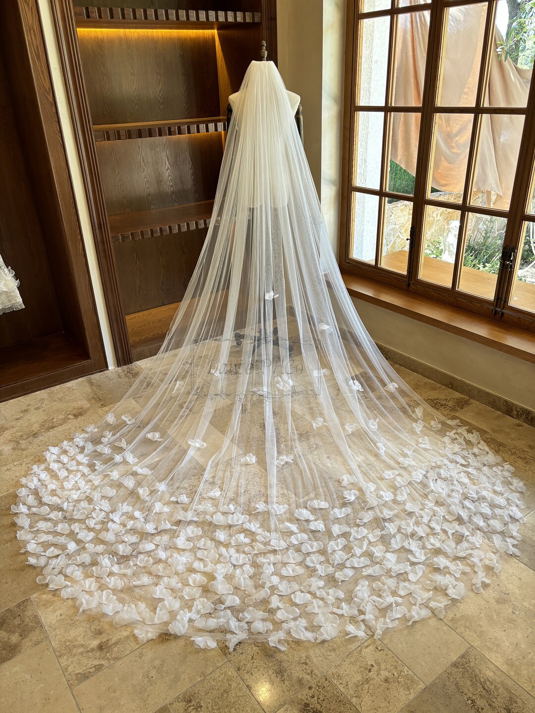 3D Flower Bridal Veil, Long Cathedral Wedding Veil, Romantic Chapel ...