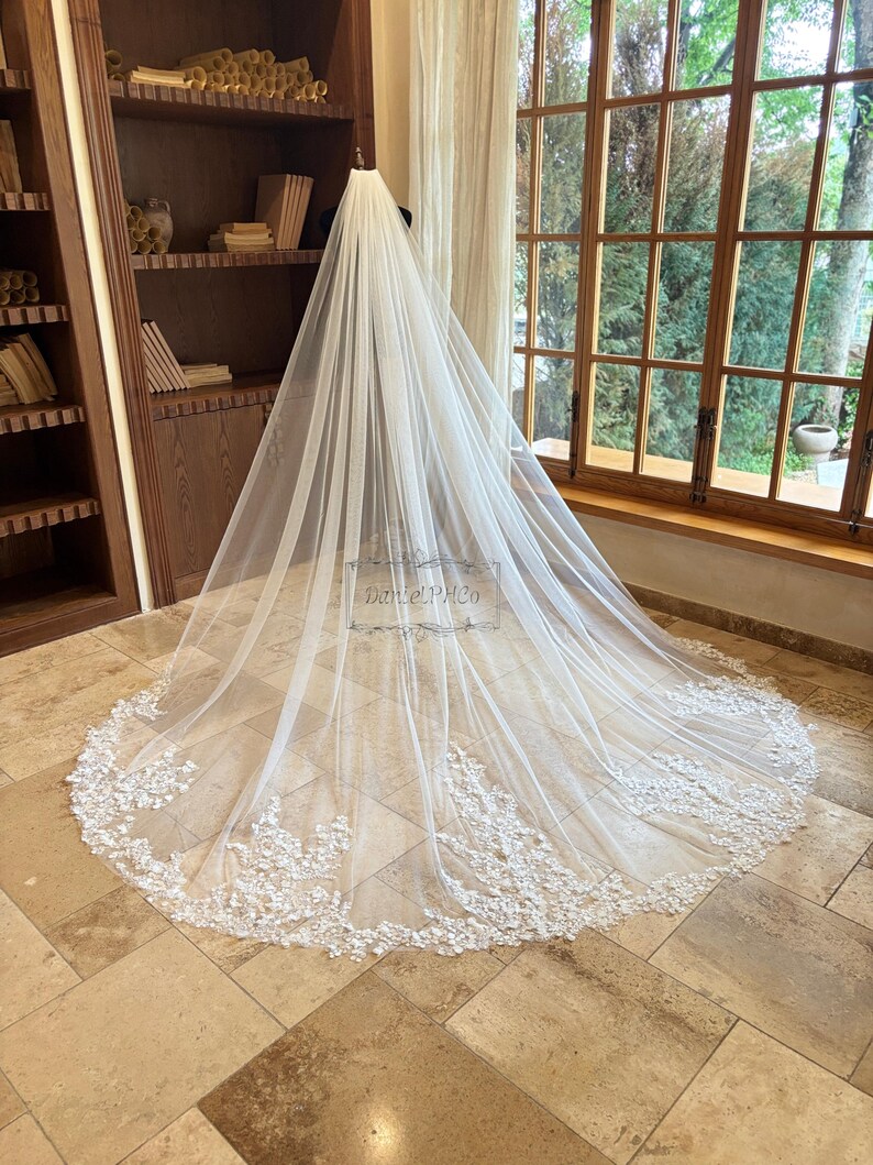 Luxury Floral Wedding Veil Cathedral Length, Elegant Beaded Sequined ...