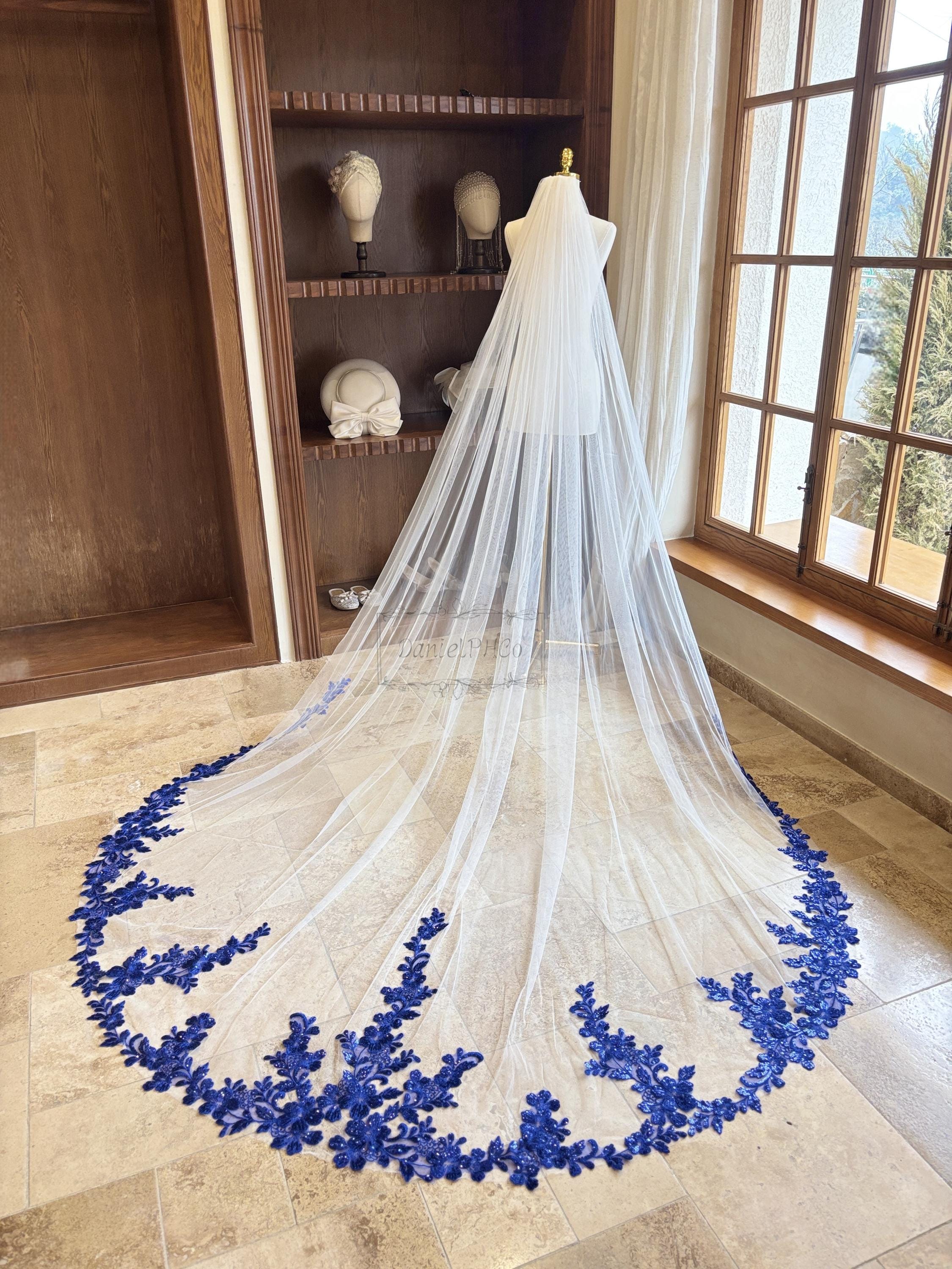Navy Blue Sequined Flower Wedding Veil, Floral Lace Cathedral Veil ...