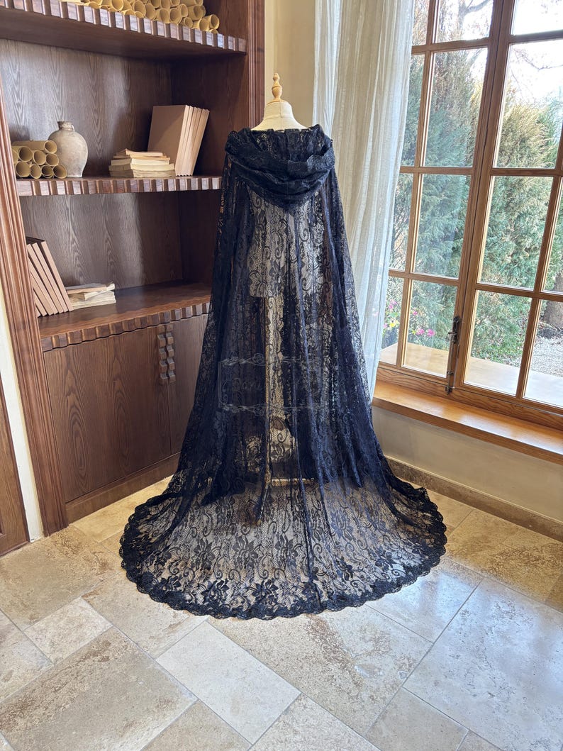 Gothic Black Lace Hooded Bridal Cape, Floral Lace Wedding Cloak, Long ...