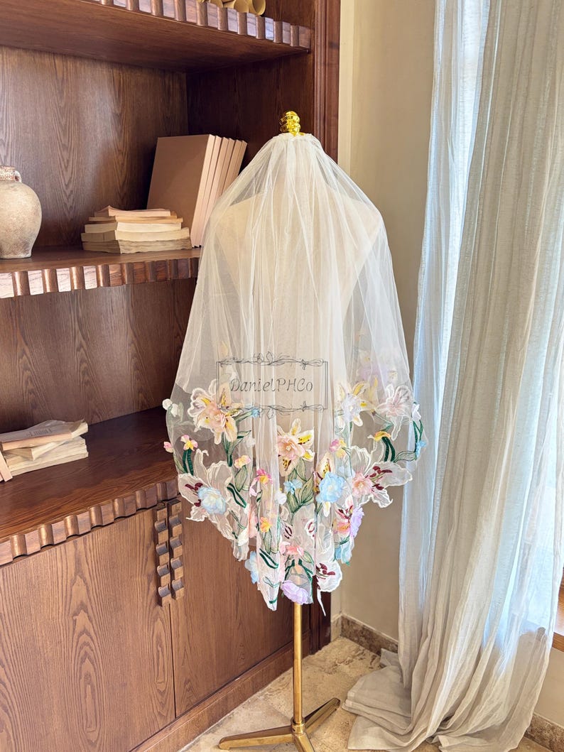 Colourful Flower Blusher Wedding Veil, Short Fingertip Bridal Veil, Two ...