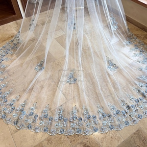 Blue Flower Lace Wedding Veil With Pearl, Retro Cathedral Wedding Veil ...