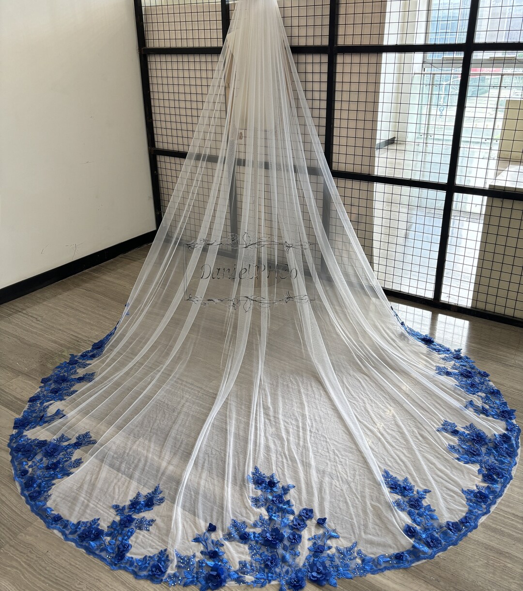 Vintage Royal Blue Floral Lace Wedding Veil, Long Cathedral Veil, 3D ...