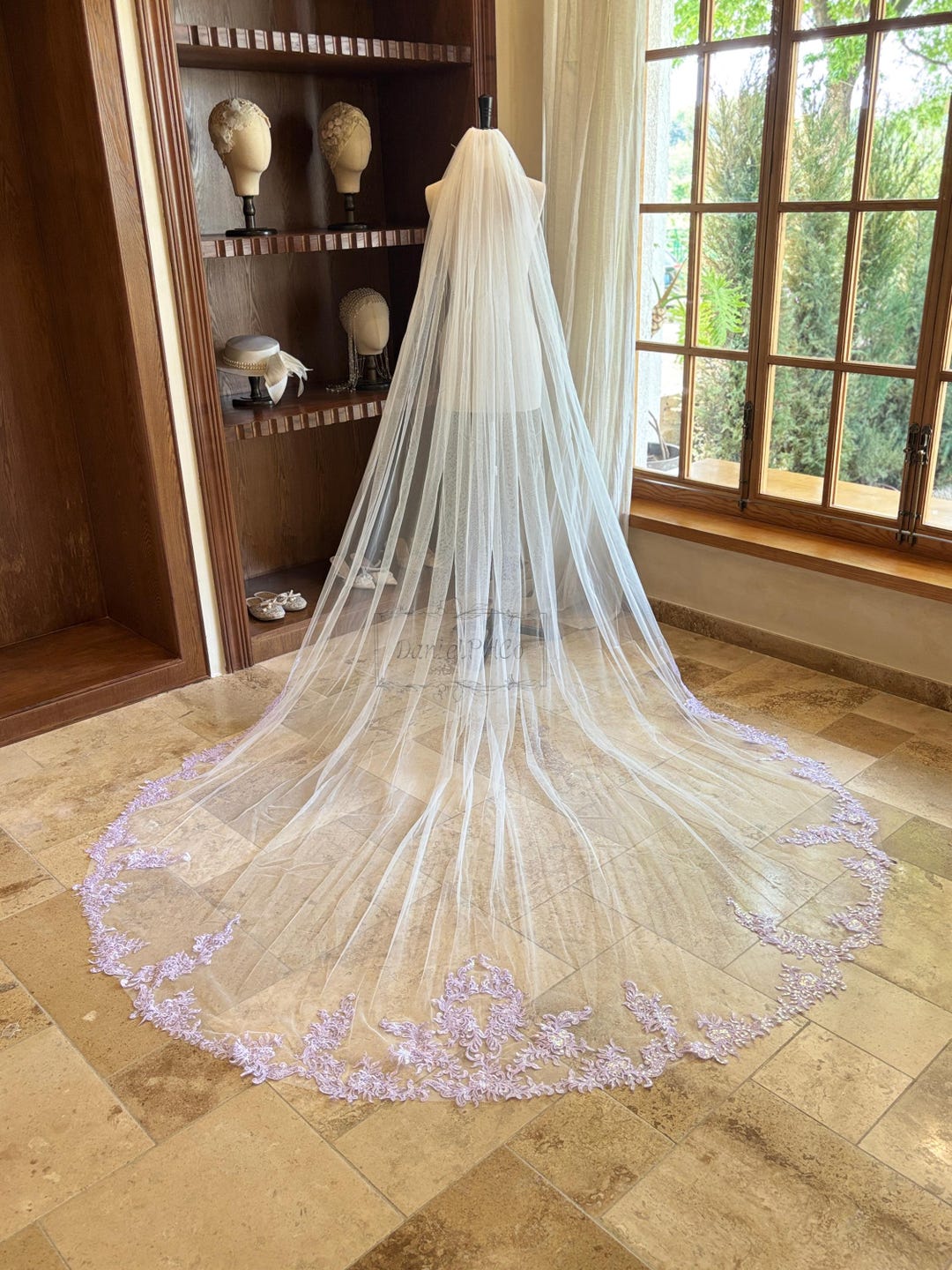 Purple Sequined Flower Wedding Veil, Floral Lace Bridal Veil, Lace ...