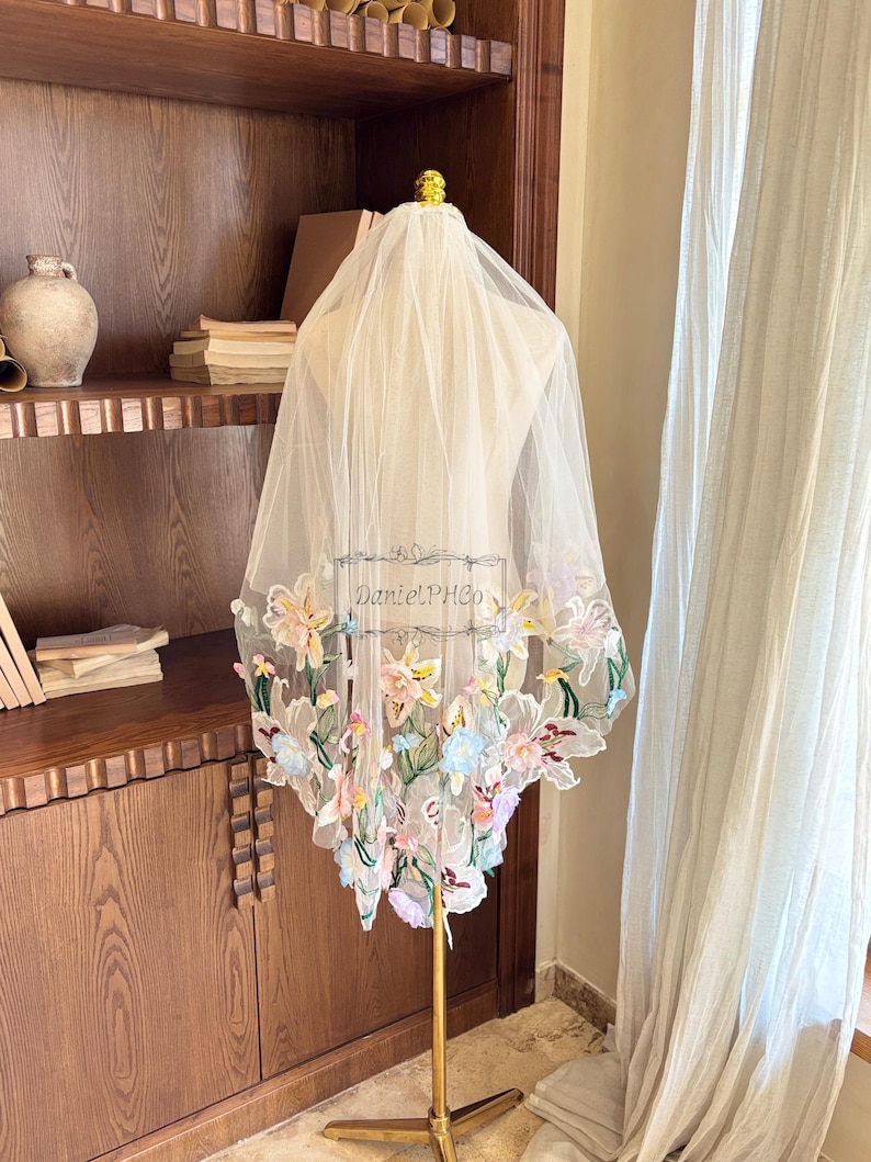 Colourful Flower Blusher Wedding Veil, Short Fingertip Bridal Veil, Two ...