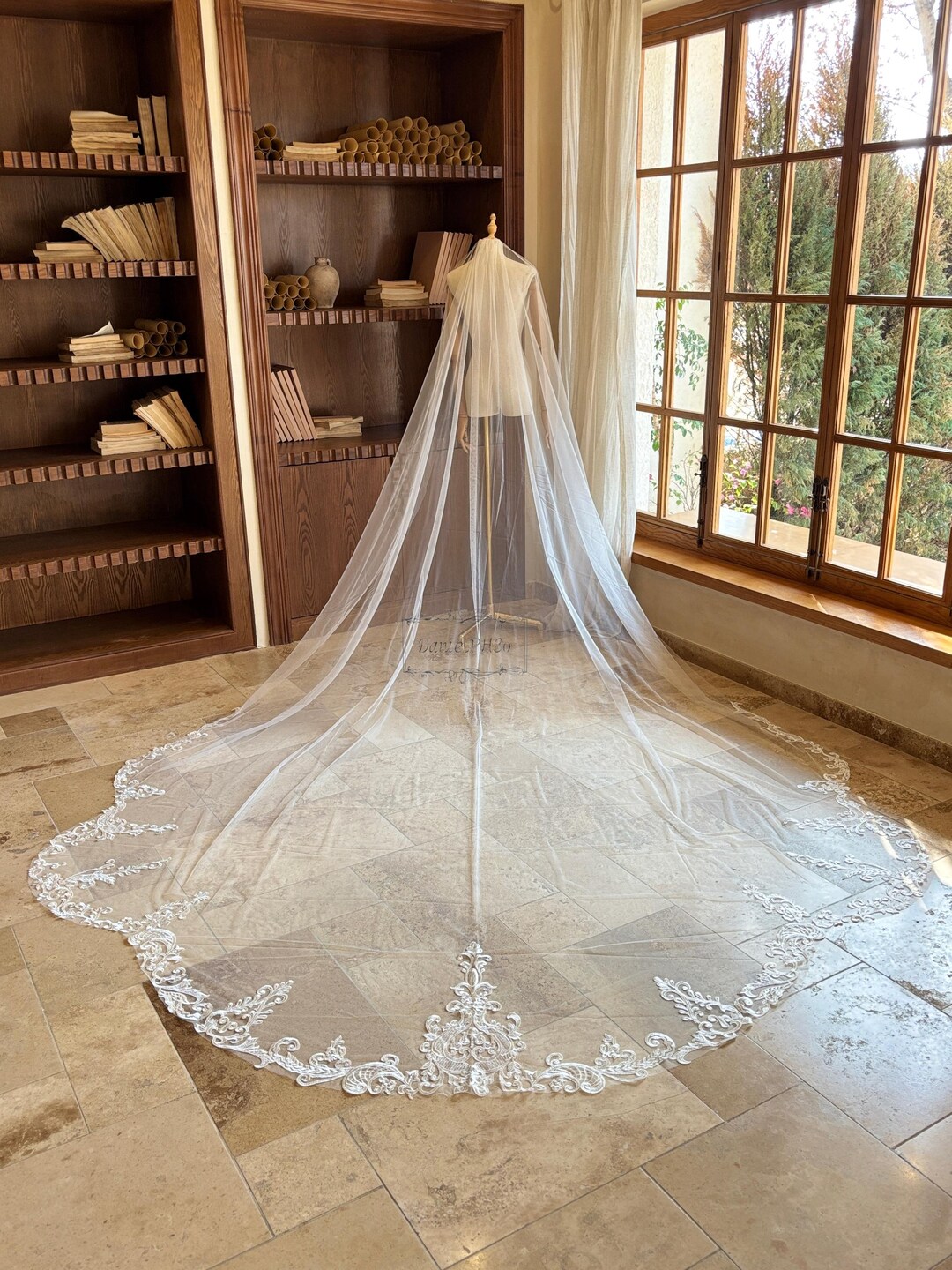 Long Boho Lace Cathedral Wedding Veil, Elegant Irregular Edge Bridal ...