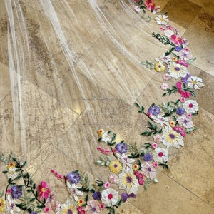 Vintage Colourful Flower Wedding Veil, Floral Lace Cathedral Veil ...