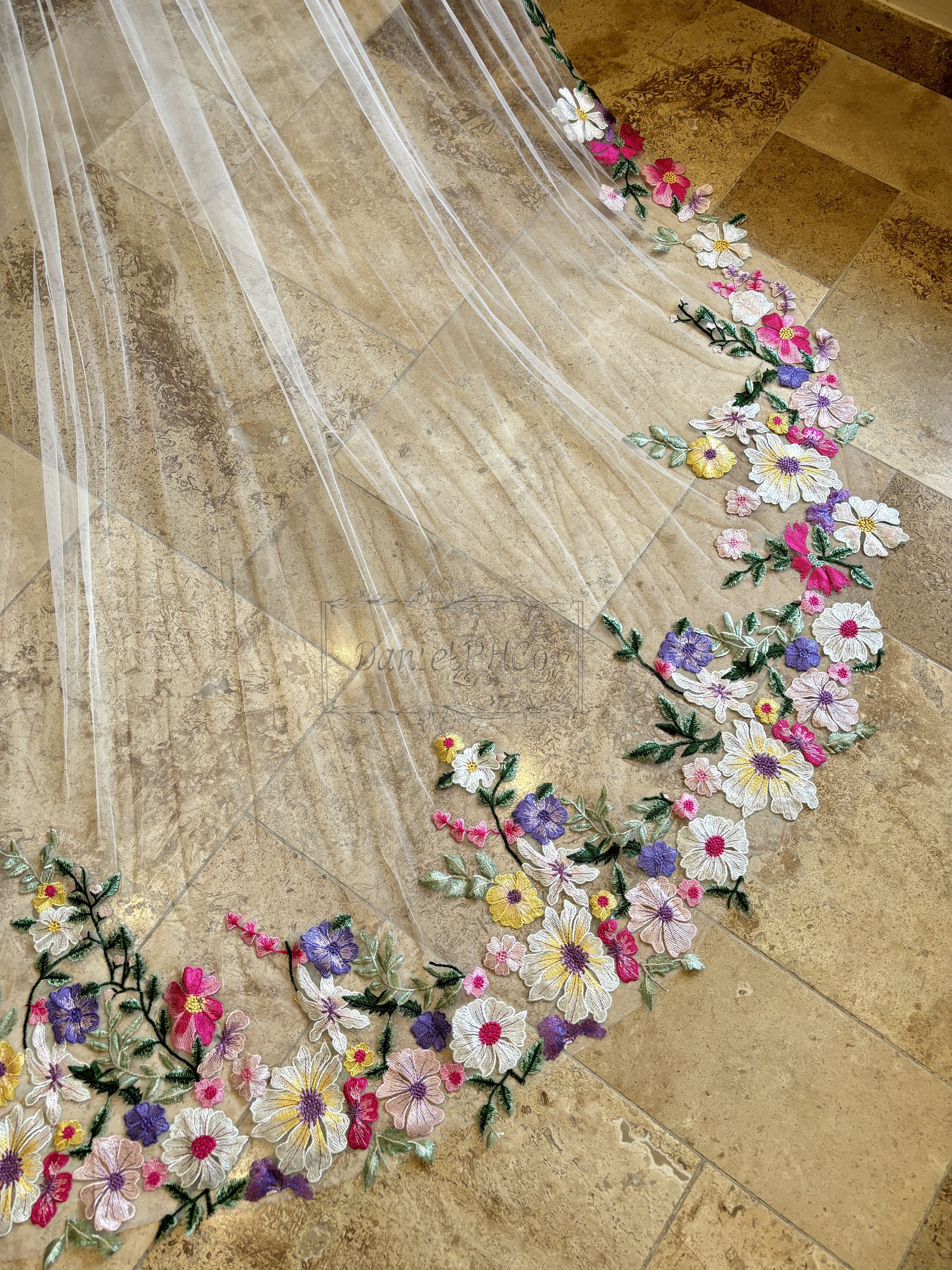 Vintage Colourful Flower Wedding Veil, Floral Lace Cathedral Veil ...