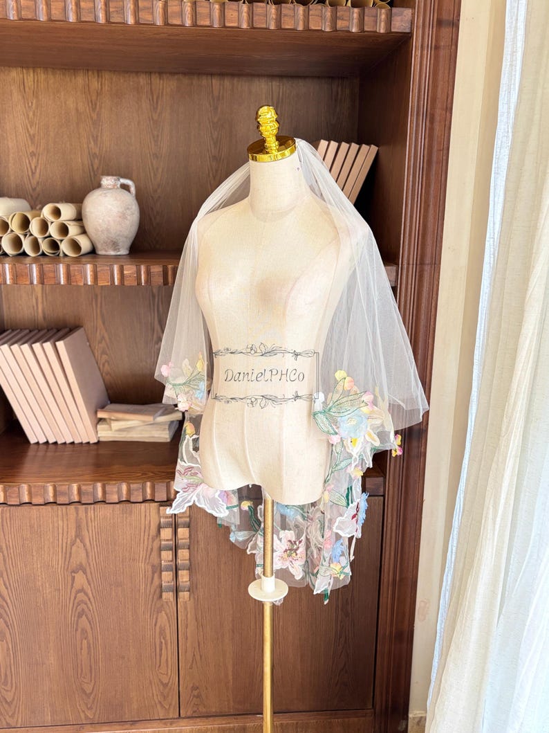 Colourful Flower Blusher Wedding Veil, Short Fingertip Bridal Veil, Two ...