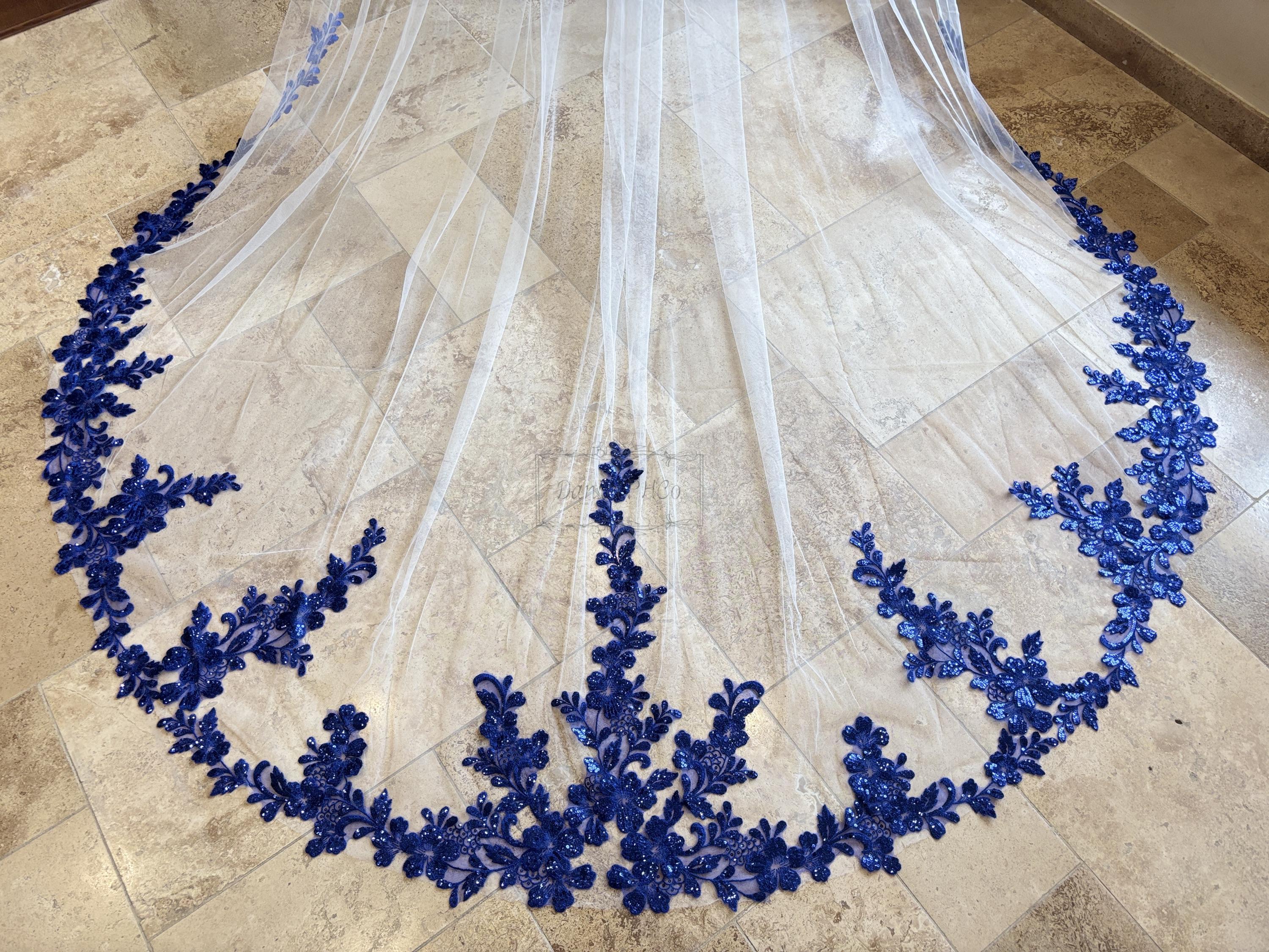 Navy Blue Sequined Flower Wedding Veil, Floral Lace Cathedral Veil ...