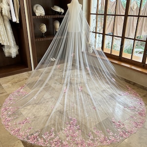 Romantic Pink Lace Wedding Veil, 3D Flower Wedding Veil With Pearl ...