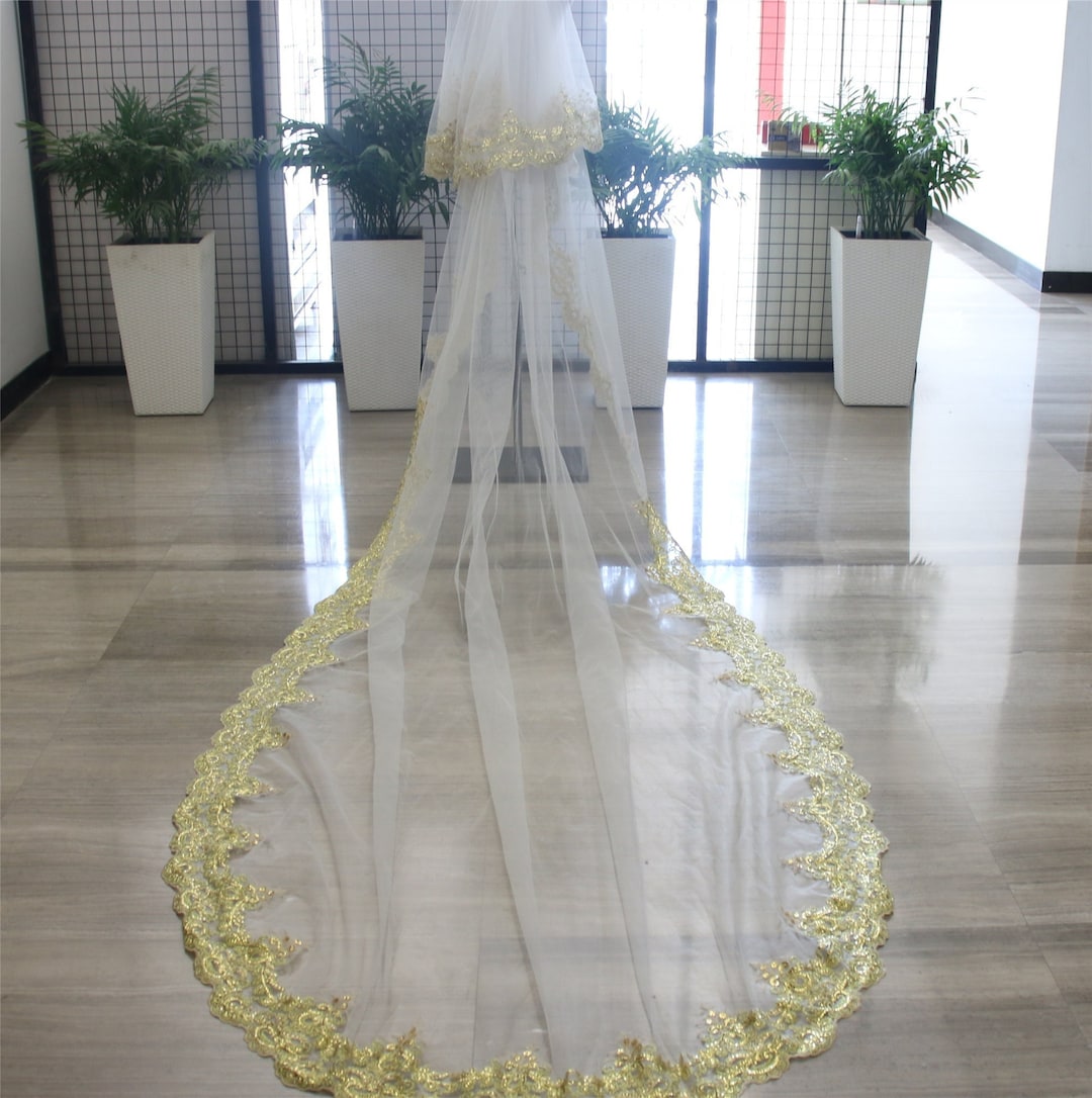 Vintage Golden Veil Floral Lace Veil Double Tier Veil Gorgeous Gold ...