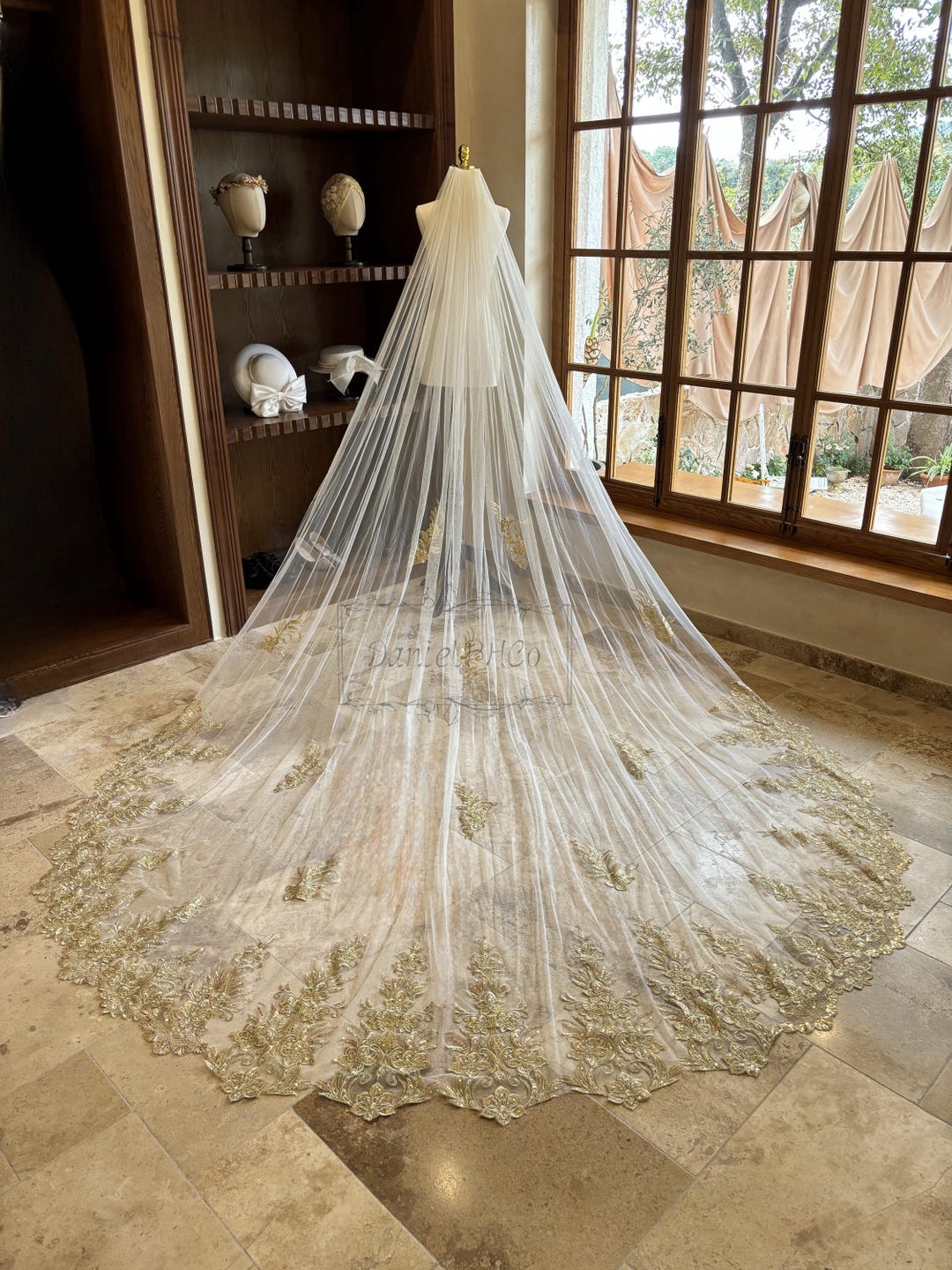 Gold Sequined Lace Wedding Veil, Long Cathedral Veil, Romantic Bridal ...