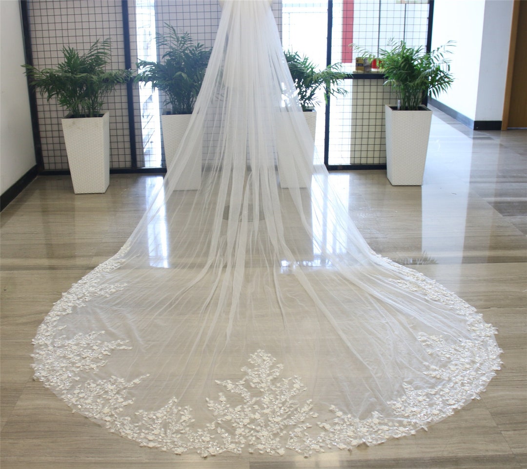 Sparkle Sequined Lace Veil Chapel Fairy Veil Princess Veil Floral Lace ...