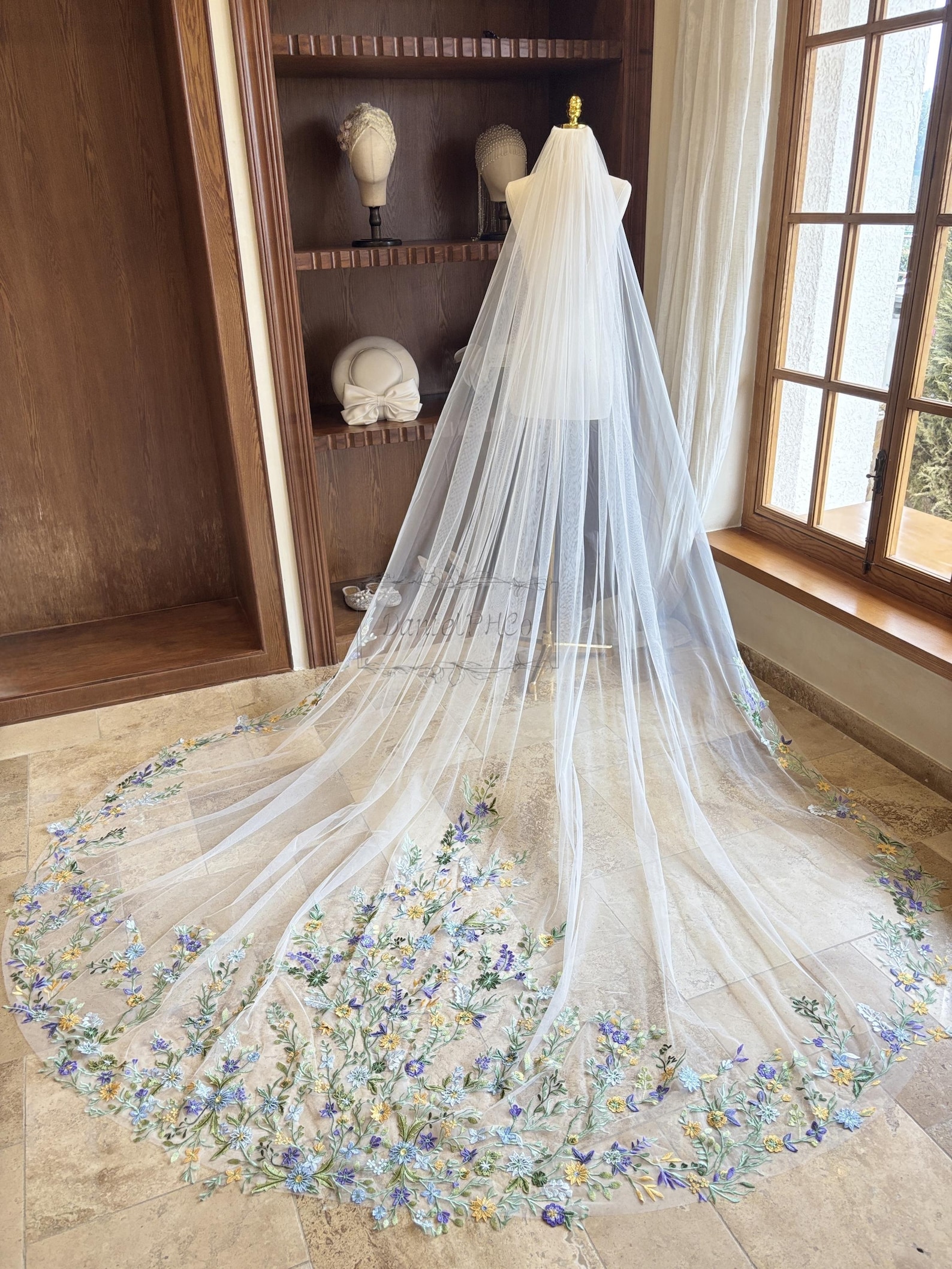 Retro Vines Wedding Veil, Colourful Flower Veil, Blue Yellow Purple ...