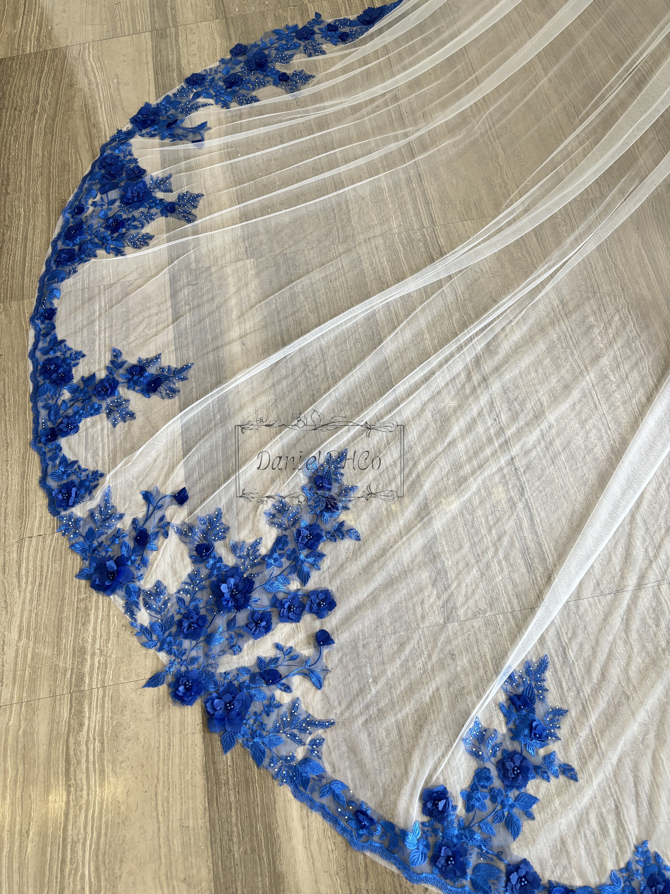 Vintage Royal Blue Floral Lace Wedding Veil, Long Cathedral Veil, 3D ...