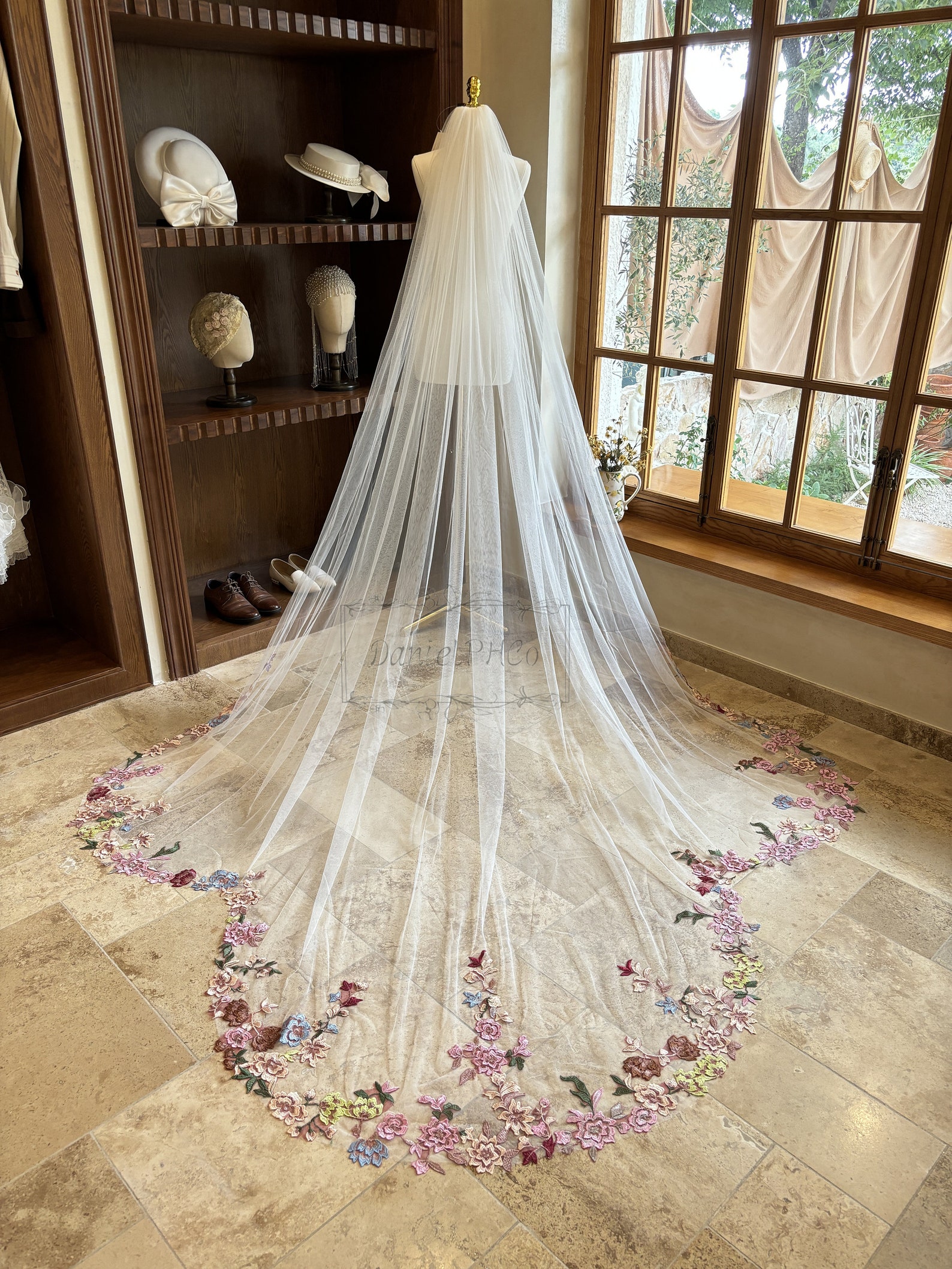 Vintage Colourful Flower Lace Veil, Irregular Hem Wedding Veil, Floral ...