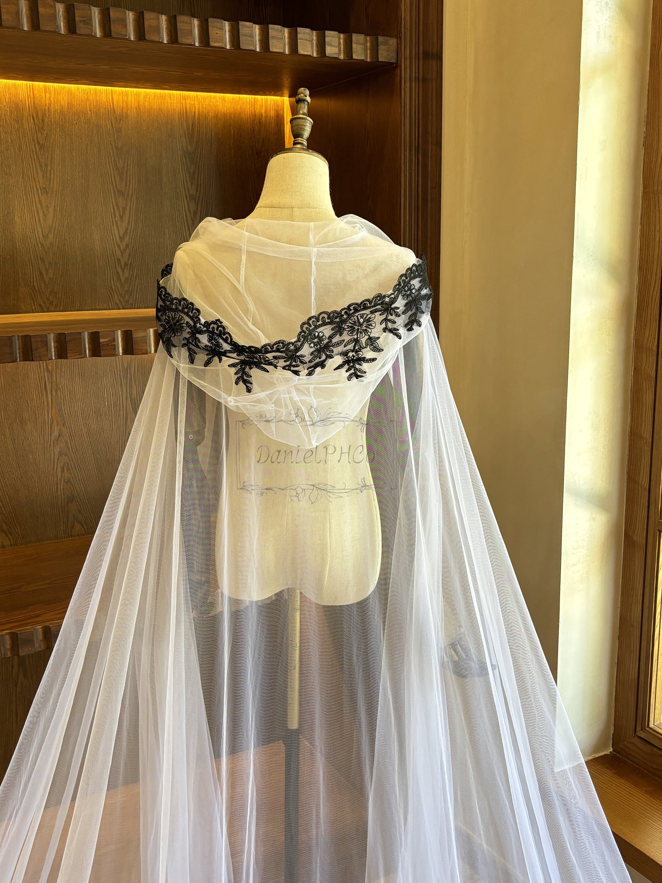 Black Lace Cape Veil/ Sequined Lace Wedding Cape/ Gothic Bridal Hooded ...