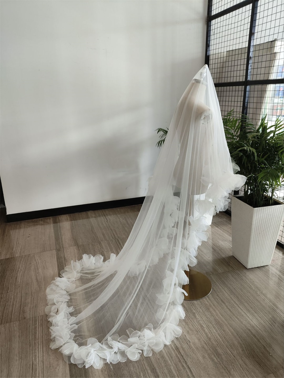 Floral Bridal Veil, Romantic Flower Veil, Minimalist Blusher Veil, Two ...
