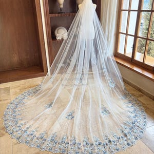 Blue Flower Lace Wedding Veil With Pearl, Retro Cathedral Wedding Veil ...
