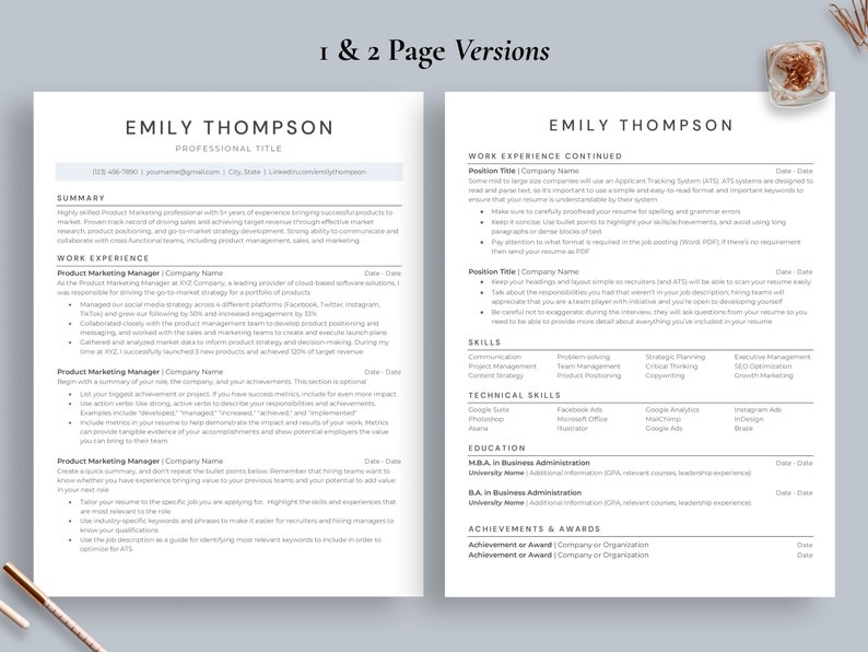 Resume Template Google Docs, Word, and Pages, 1 & 2 Page, CV Template, Cover Letter References ...
