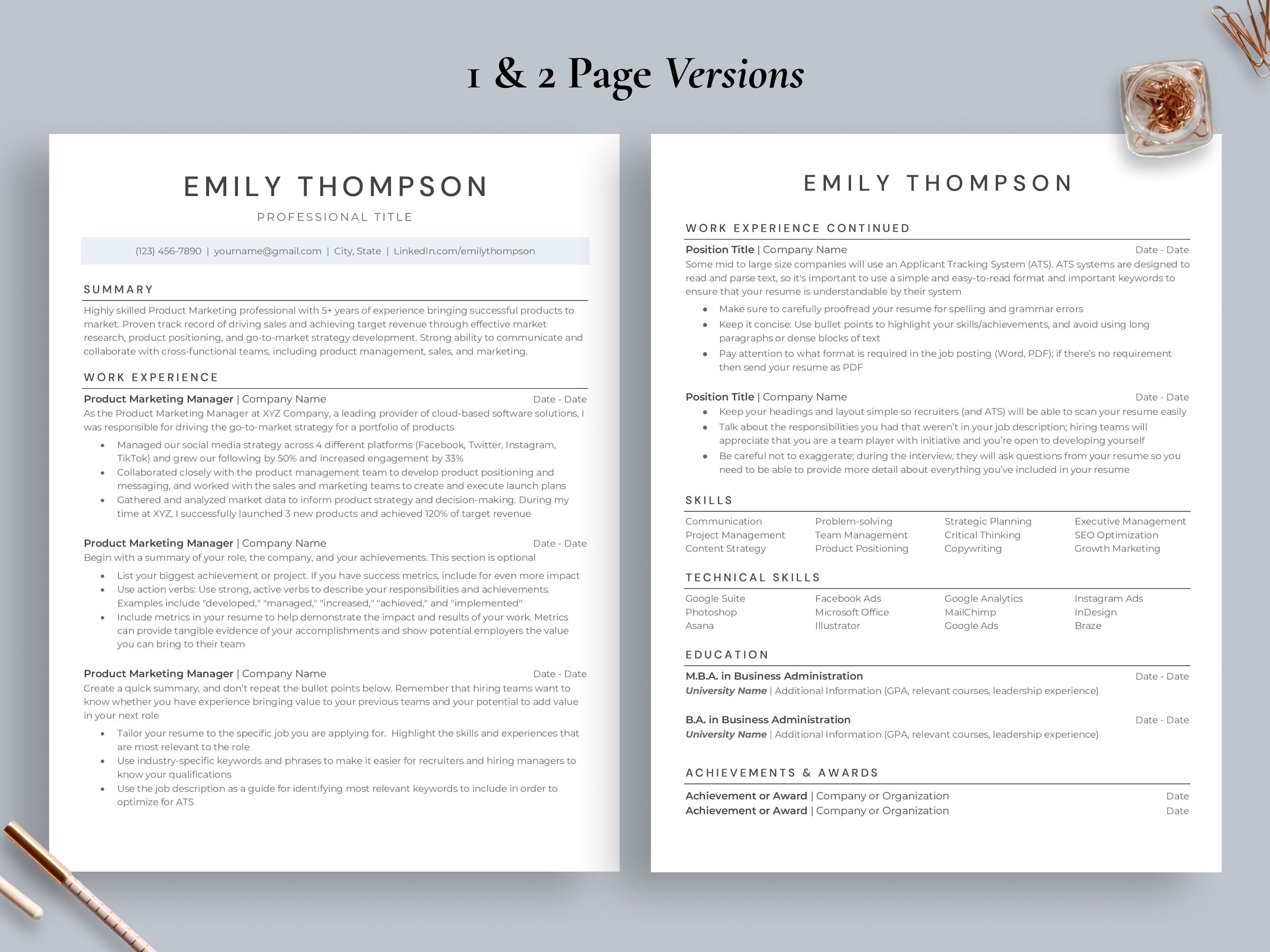 Resume Template Google Docs, Word, and Pages, 1 & 2 Page, CV Template ...