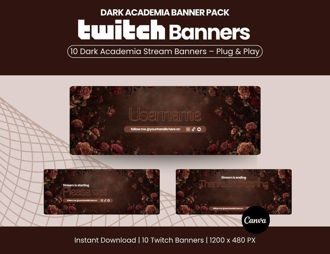 Dark Academia Twitch Banner Pack: Stream Overlays, Canva Editable ...