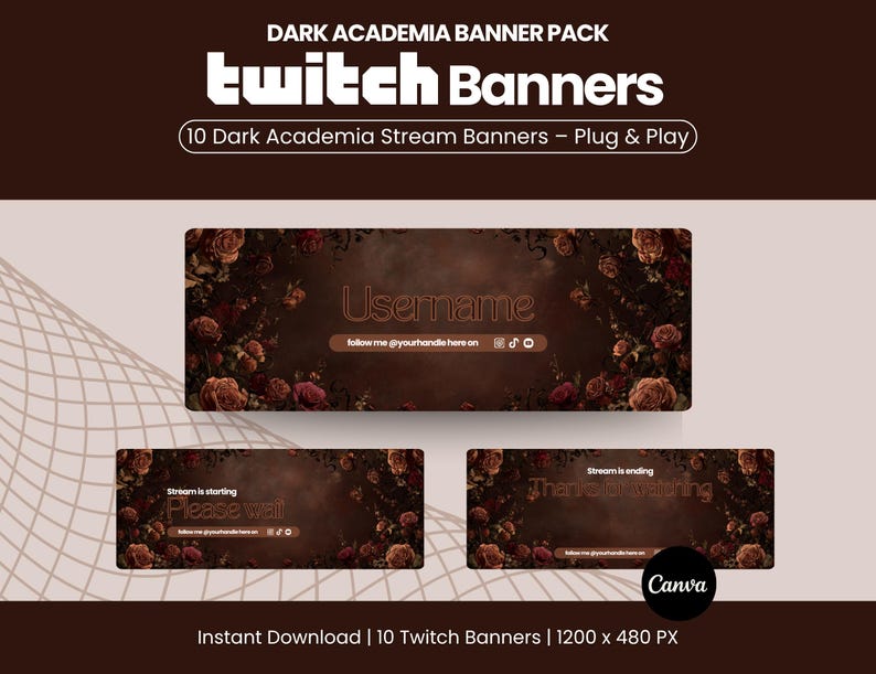 Dark Academia Twitch Banner Pack: Stream Overlays, Canva Editable ...