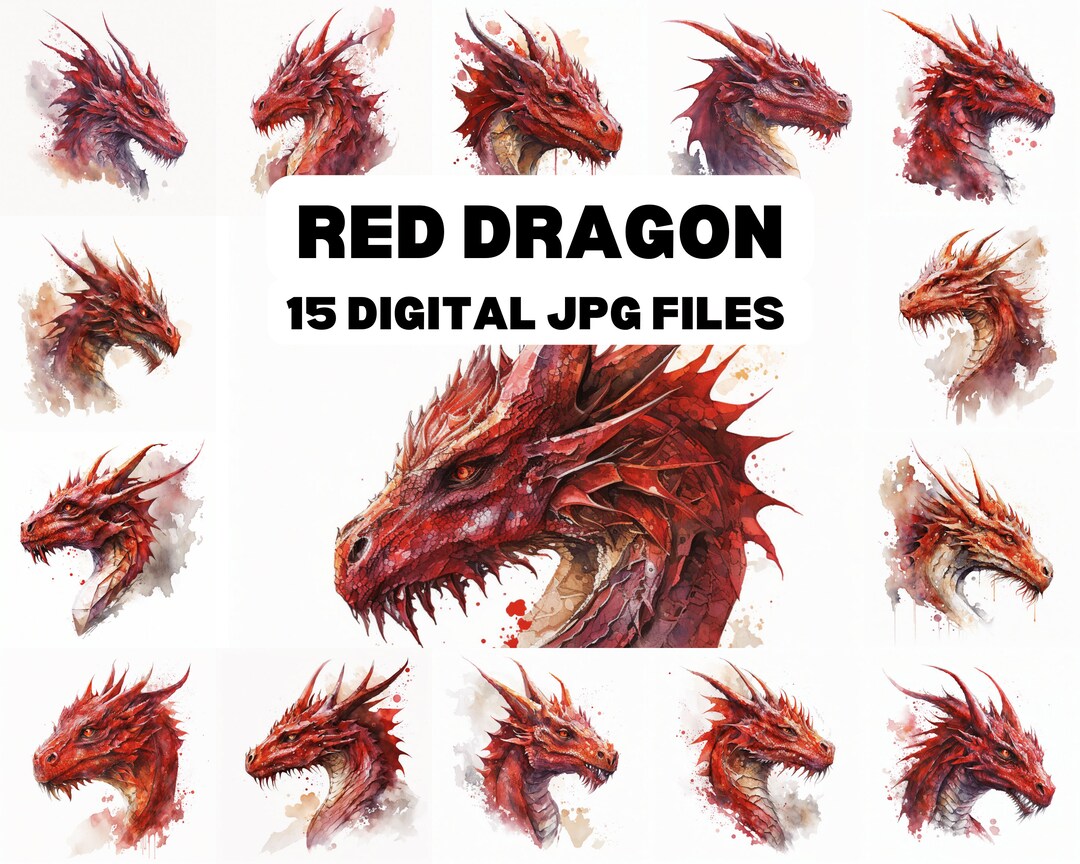 Red Dragon Clipart, 15 Jpgs, Watercolor Clipart, Junk Journal, Digital ...