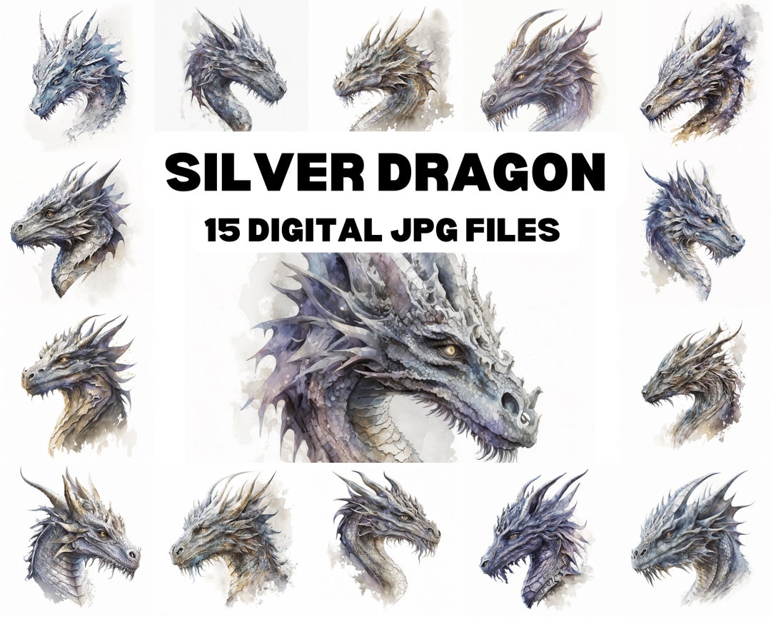 Silver Dragon Clipart, 15 Jpgs, Watercolor Clipart, Junk Journal ...