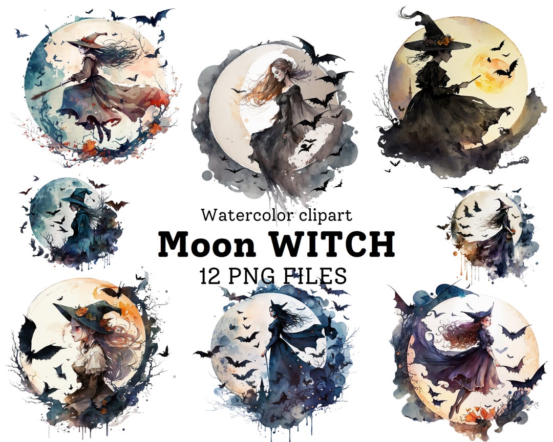 Moon Witch Clipart, 12 Transparent Pngs, Sublimation Bundle, Witch ...