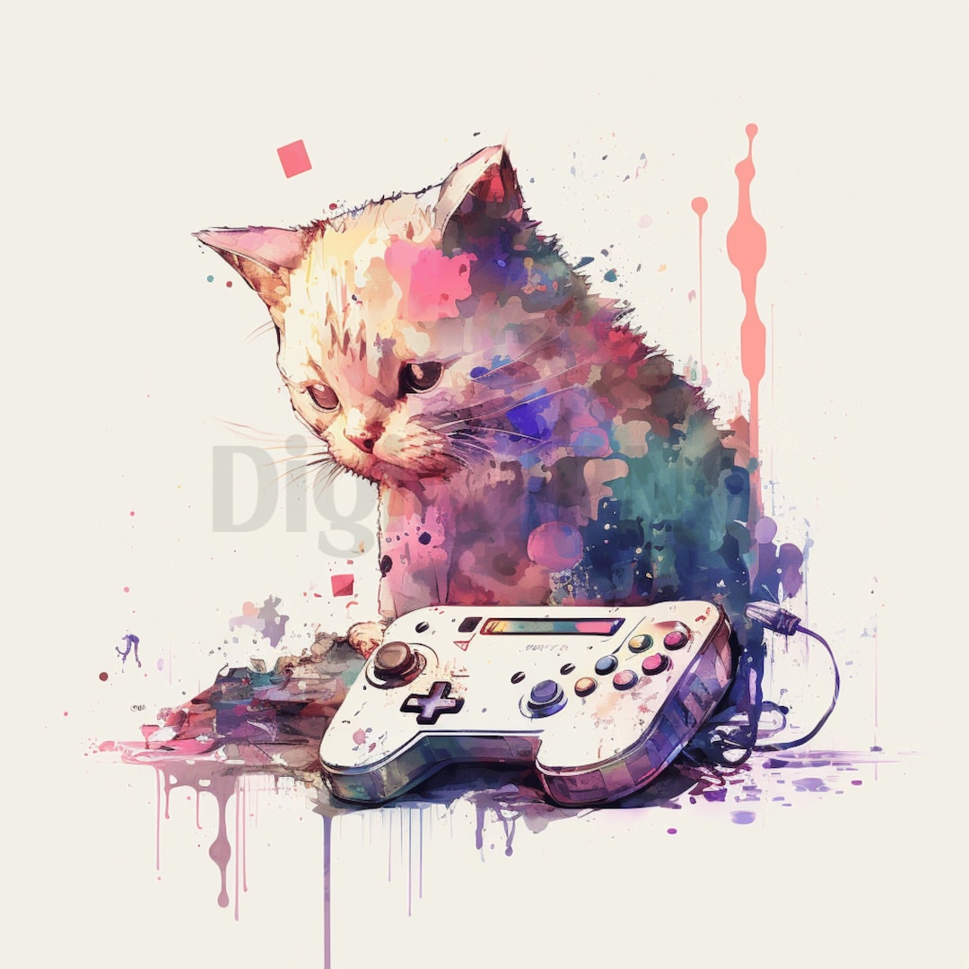 Cute Cat Controller Watercolor Clipart Cat Controller Bundle PNG Funny ...