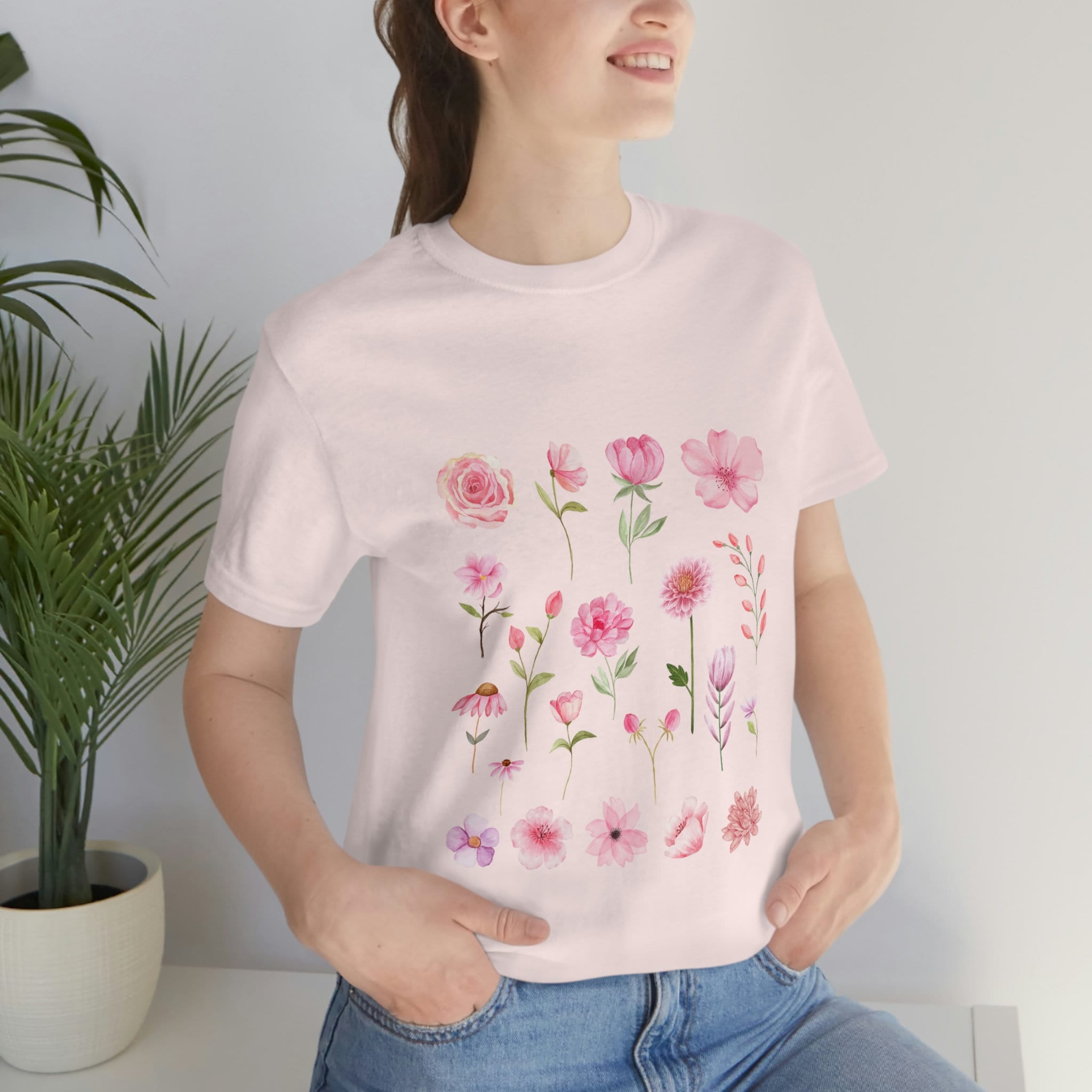 Pink Flowers T-shirt, Watercolor Flowers Print T-shirt, Pink Flower Tee, Floral T-shirt ...