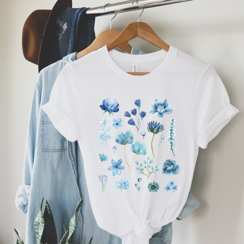 Blue Flowers T-shirt, Watercolor Flowers Print T-shirt, Blue Flower Tee ...