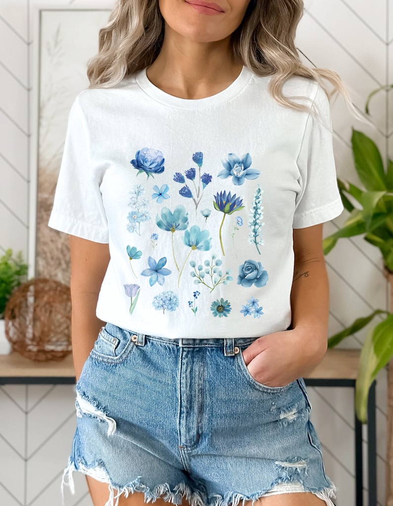 Blue Flowers T-shirt, Watercolor Flowers Print T-shirt, Blue Flower Tee ...