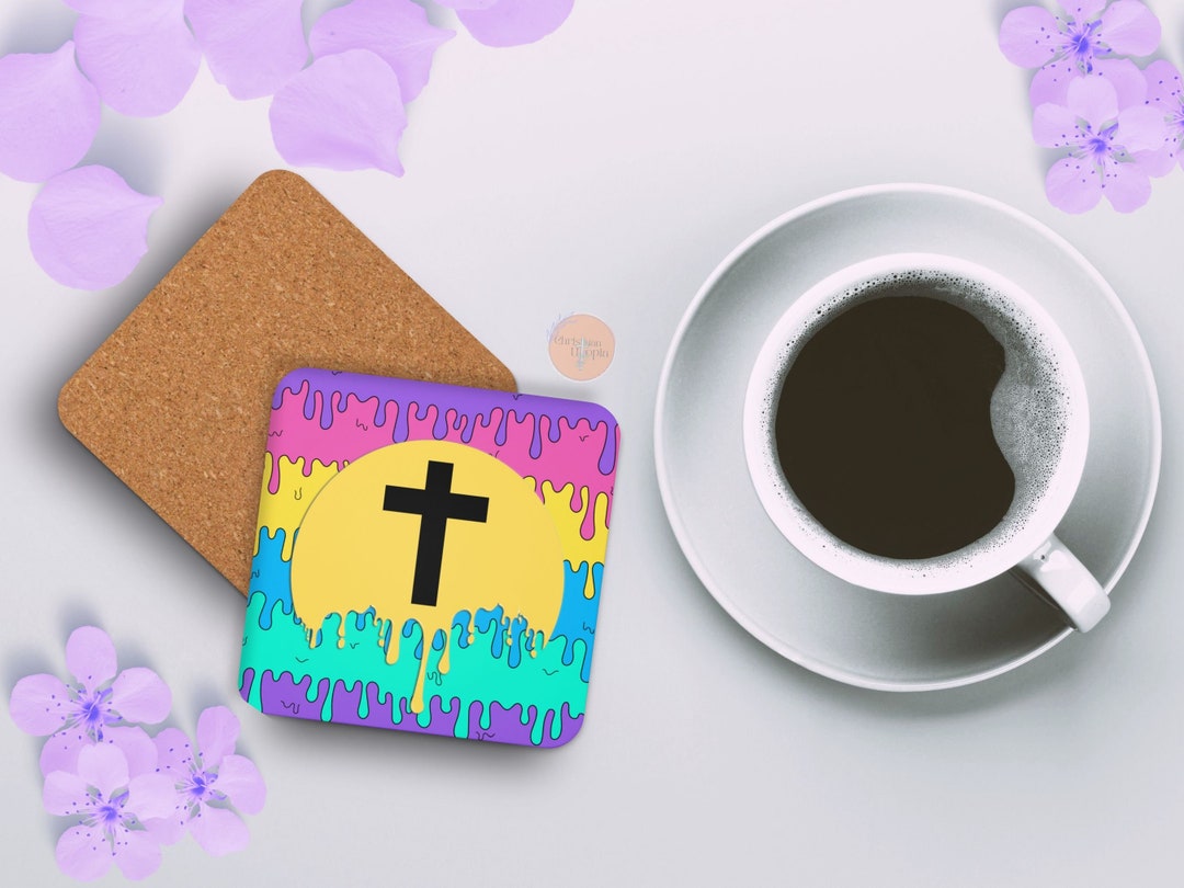 Rainbow Color Drip Black Cross Coaster Cool Christian Art Designs ...