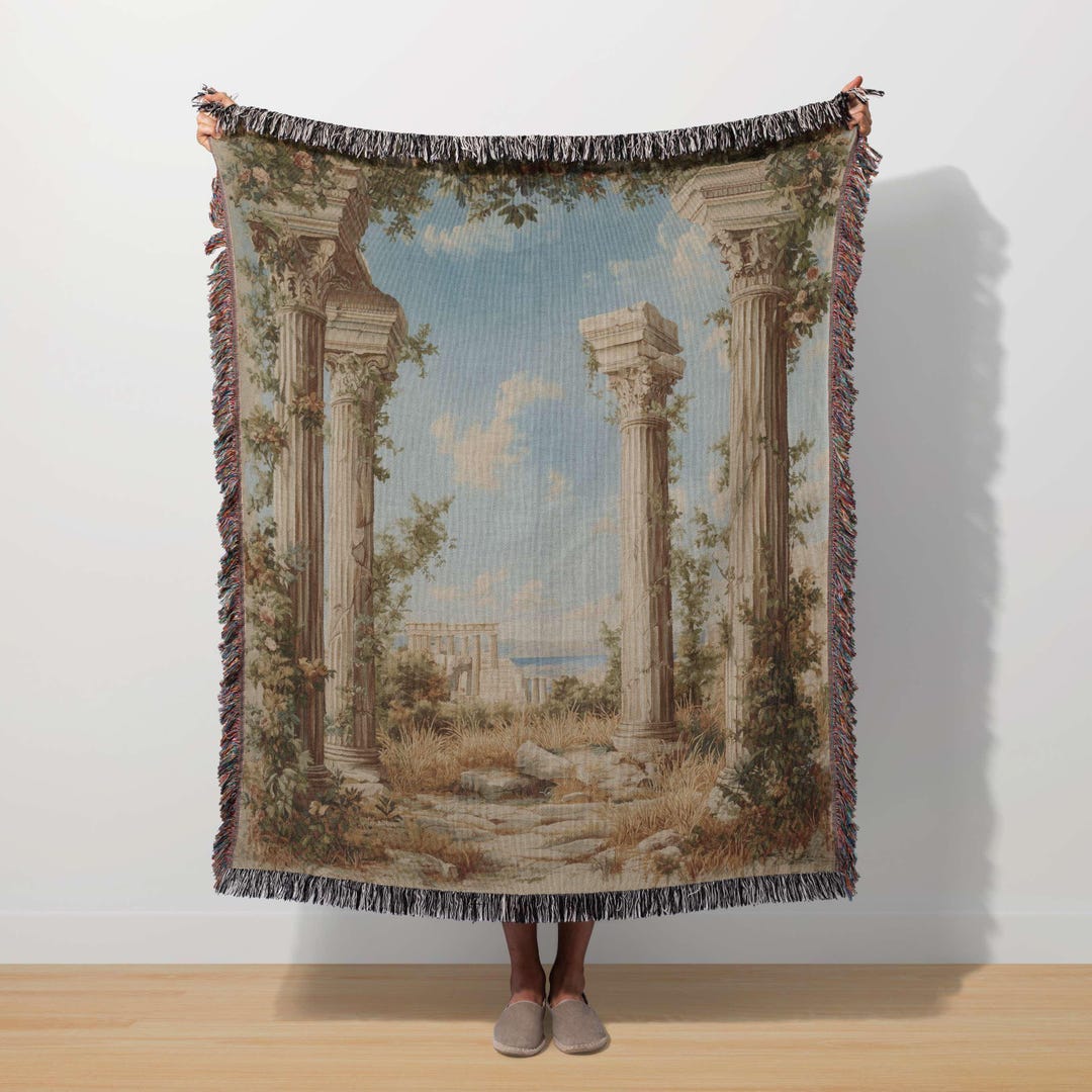 Greek Ruins Woven Blanket Ancient Column Tapestry Roman Temple Throw ...
