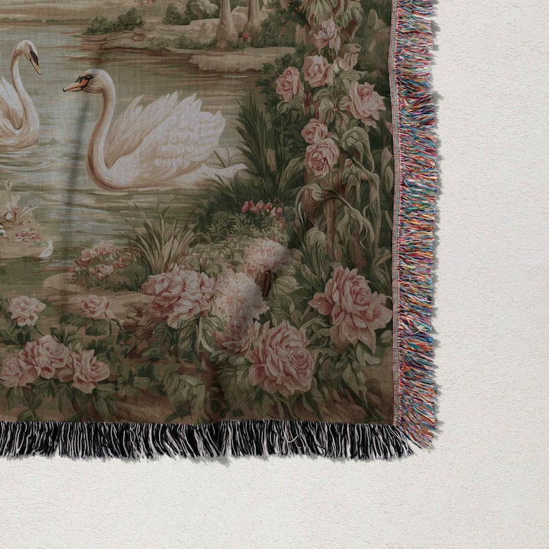 European Tapestry Swan Woven Blanket Romantic Lake English Country ...