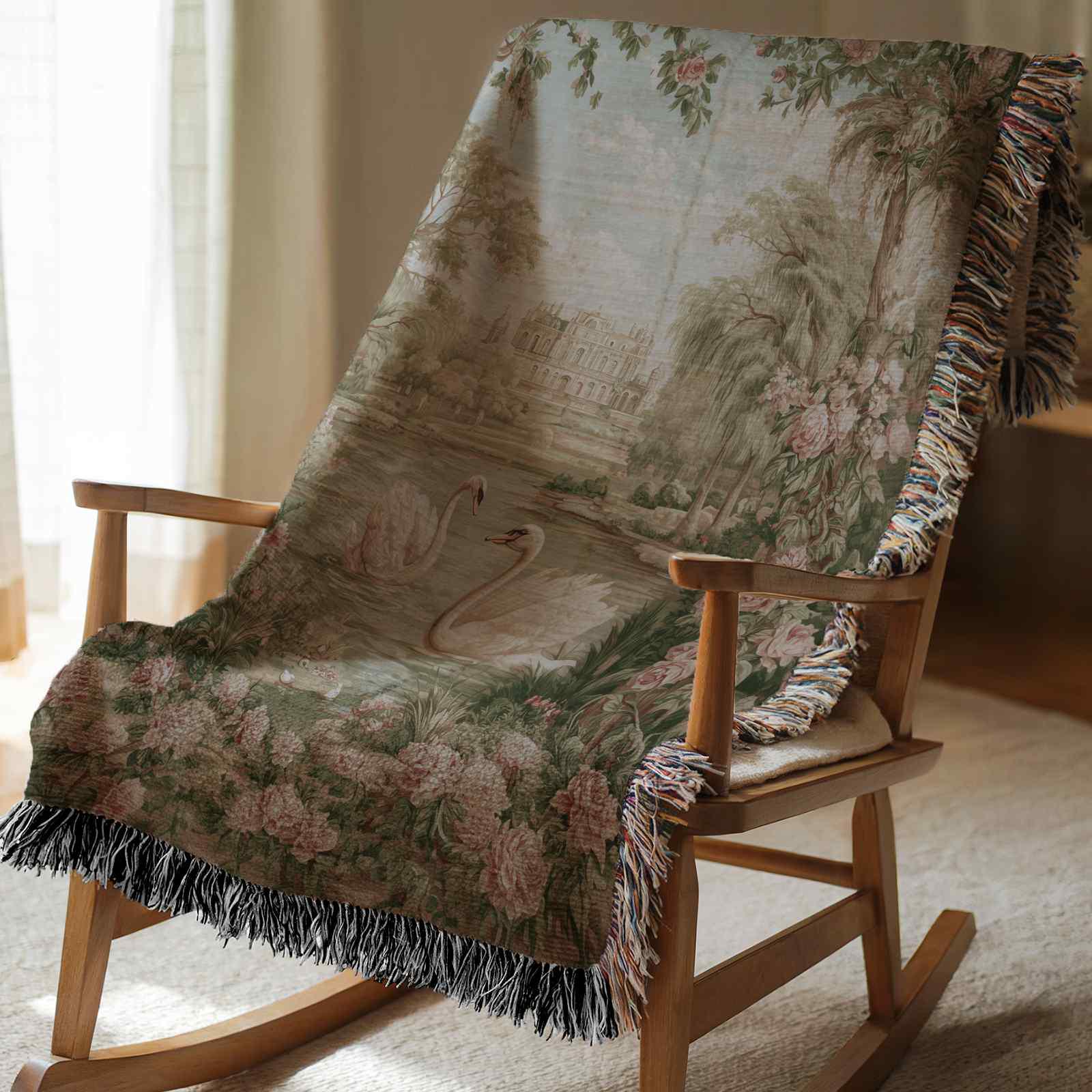 European Tapestry Swan Woven Blanket Romantic Lake English Country ...