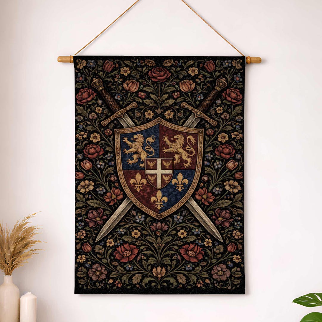 Medieval Floral Woven Tapestry, Coat of Arms Art, Royal Crest Wall ...